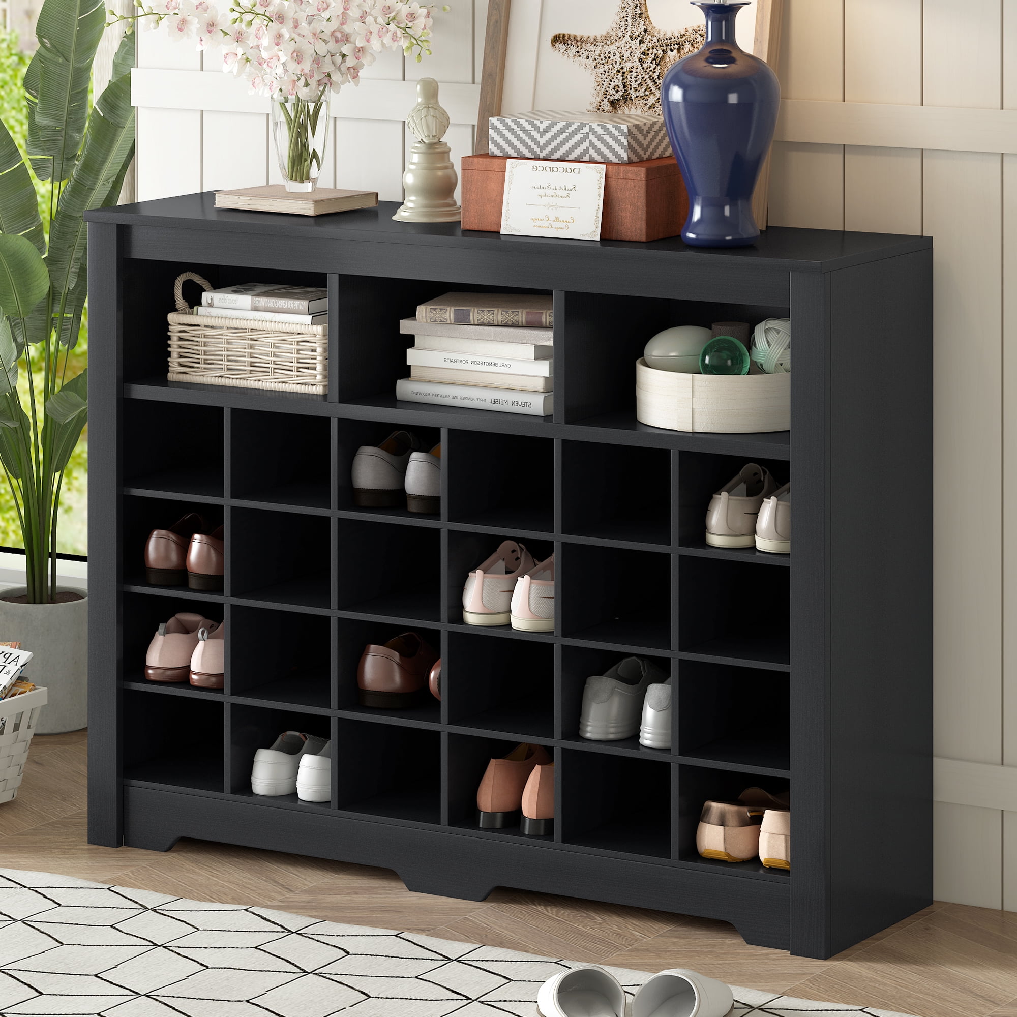 Modern 24 Shoe Cabinet with Curved Base, Freestanding Shoe Organizer ...