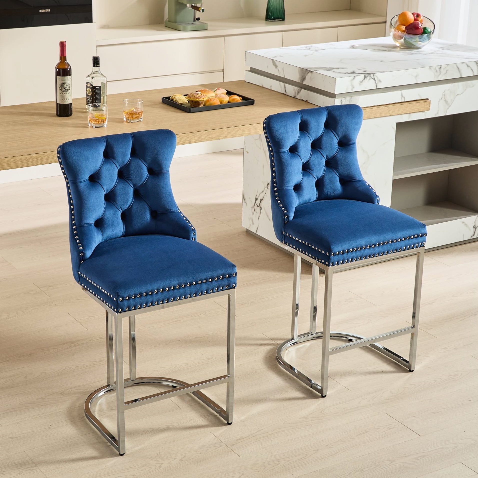 Modern 25" Counter Height Bar Stools Of 2, Blue Velvet With Button Back ...