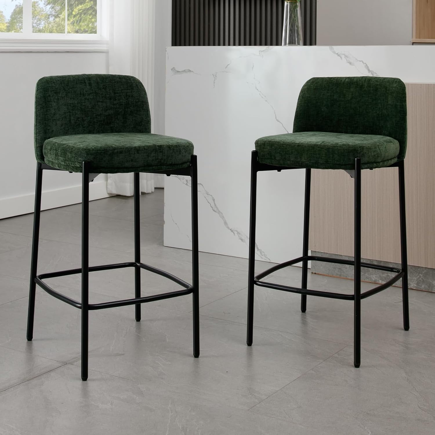 Modern 26" Counter Height Bar Stools Green Chenille Counter Stools with ...