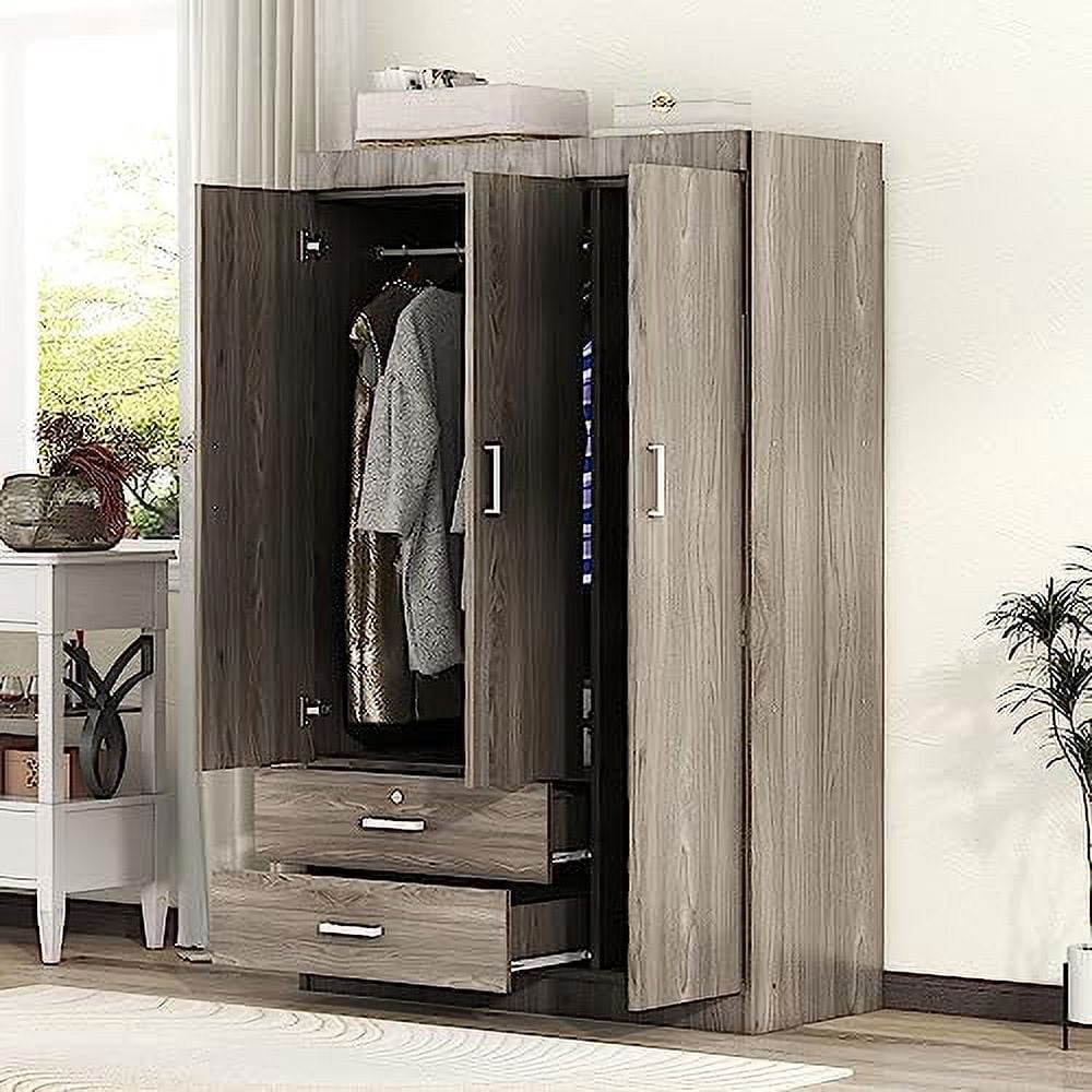 Modern 3-Door Wardrobe with 2 Drawers, Shelves and Hanging Rail ...