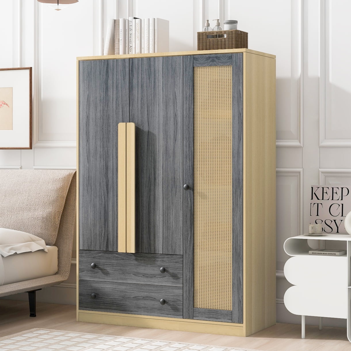 Modern 3-Door Wooden Rattan Armoire Wardrobe with Drawers and Shelves ...