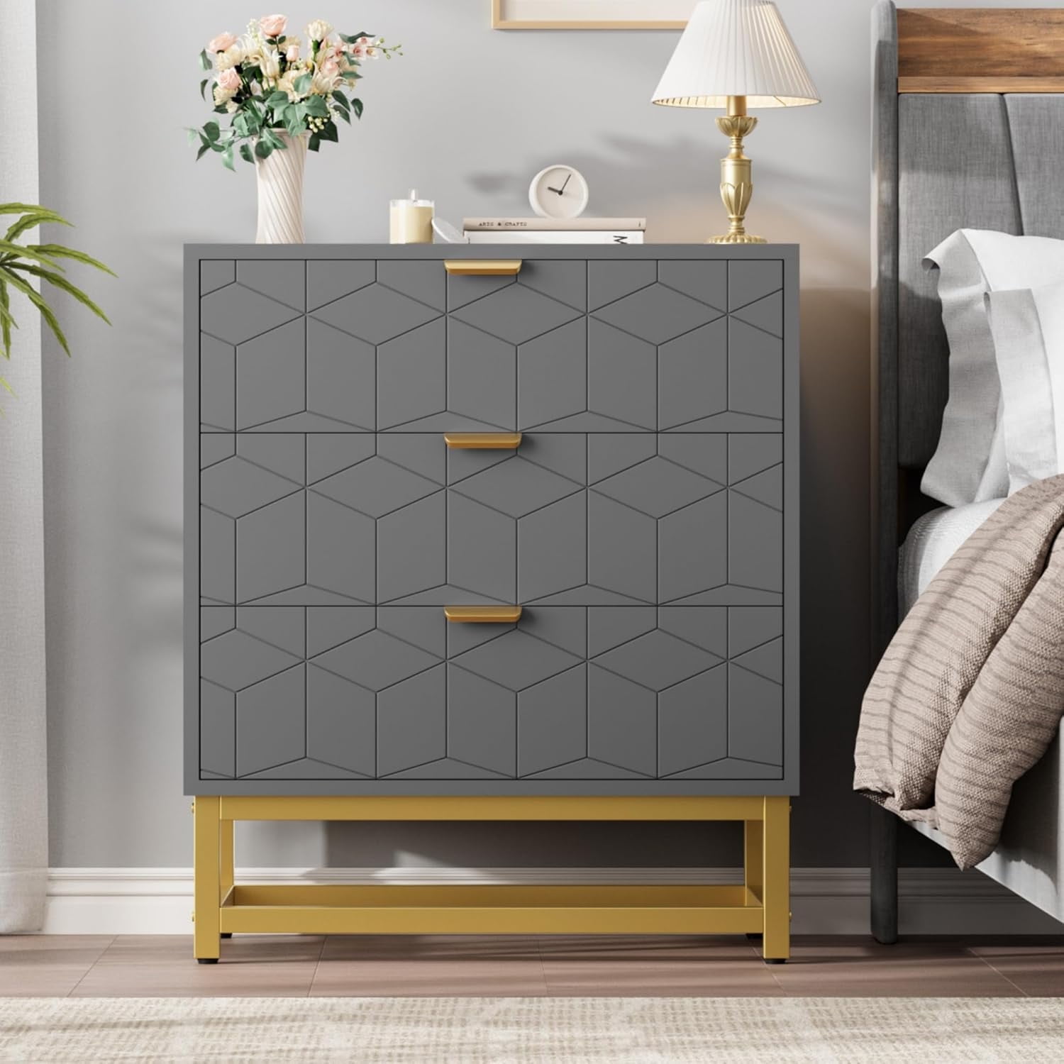 Modern 3 Drawer Dresser, Wide Chest with Gold Metal Legs & Handles ...