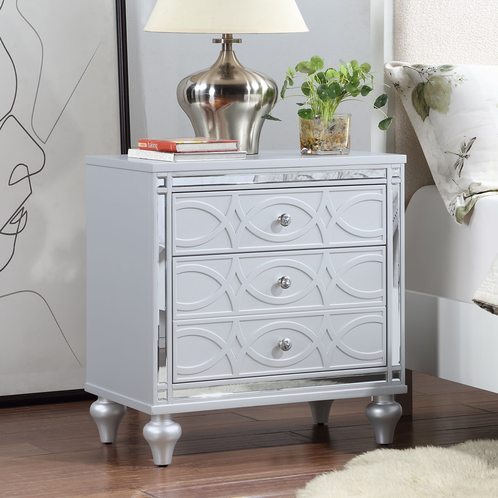 Modern 3 Drawers Nightstands With Mirrored Frame, Bedside Table With ...