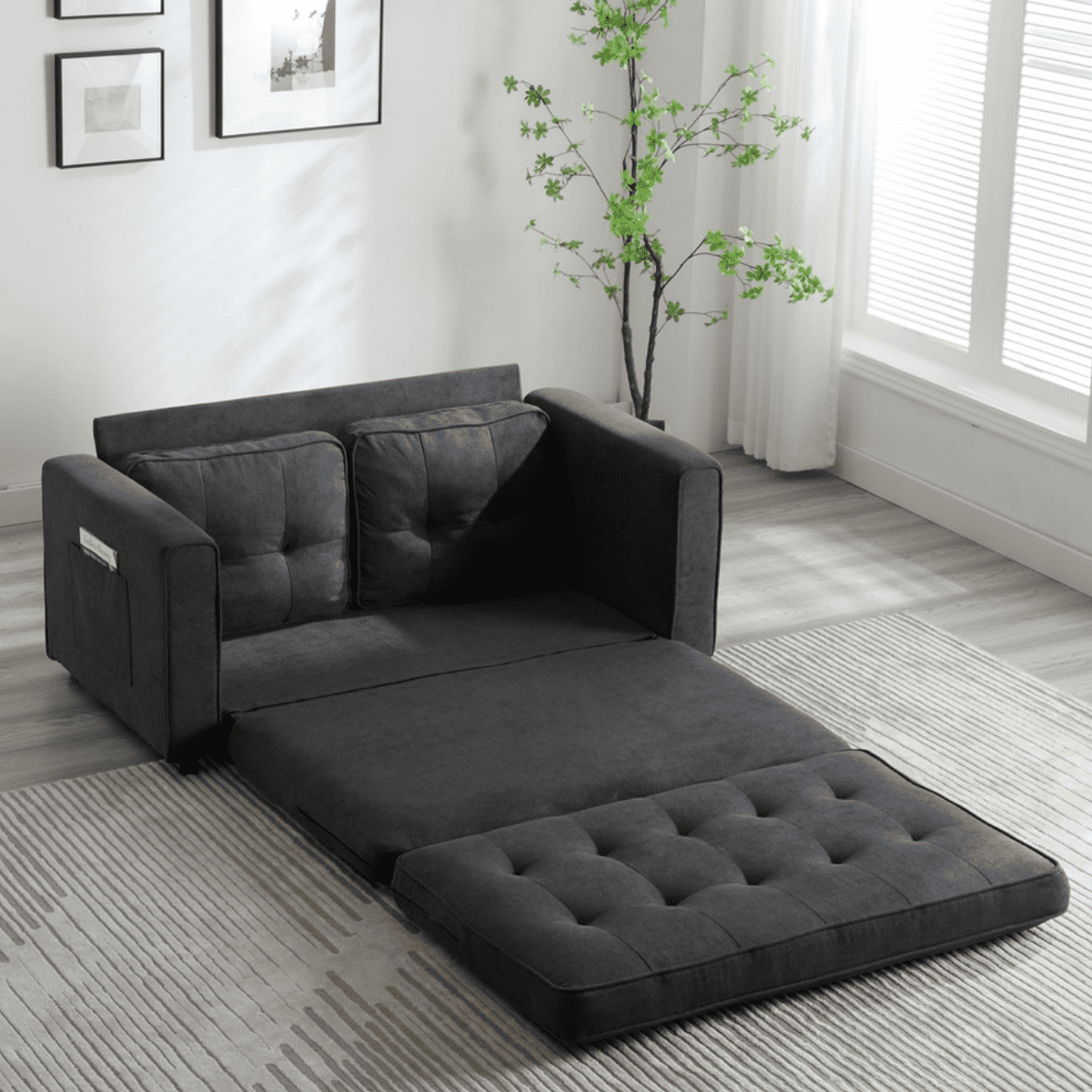 Modern 3 Fold Velvet Sofa, Convertible Futon Loveseat Sleeper with Side ...