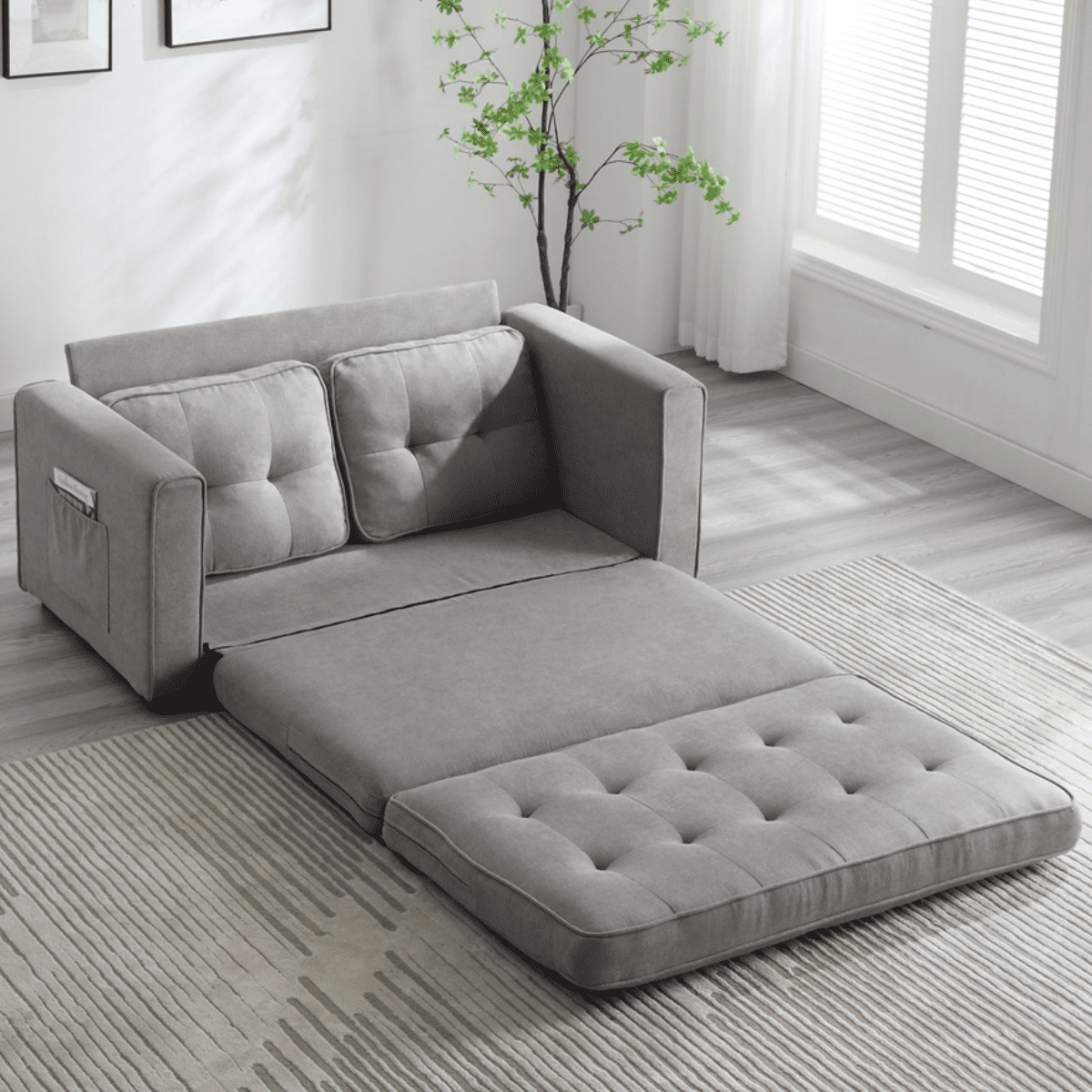 Modern 3 Fold Velvet Sofa, Convertible Futon Loveseat Sleeper with Side ...