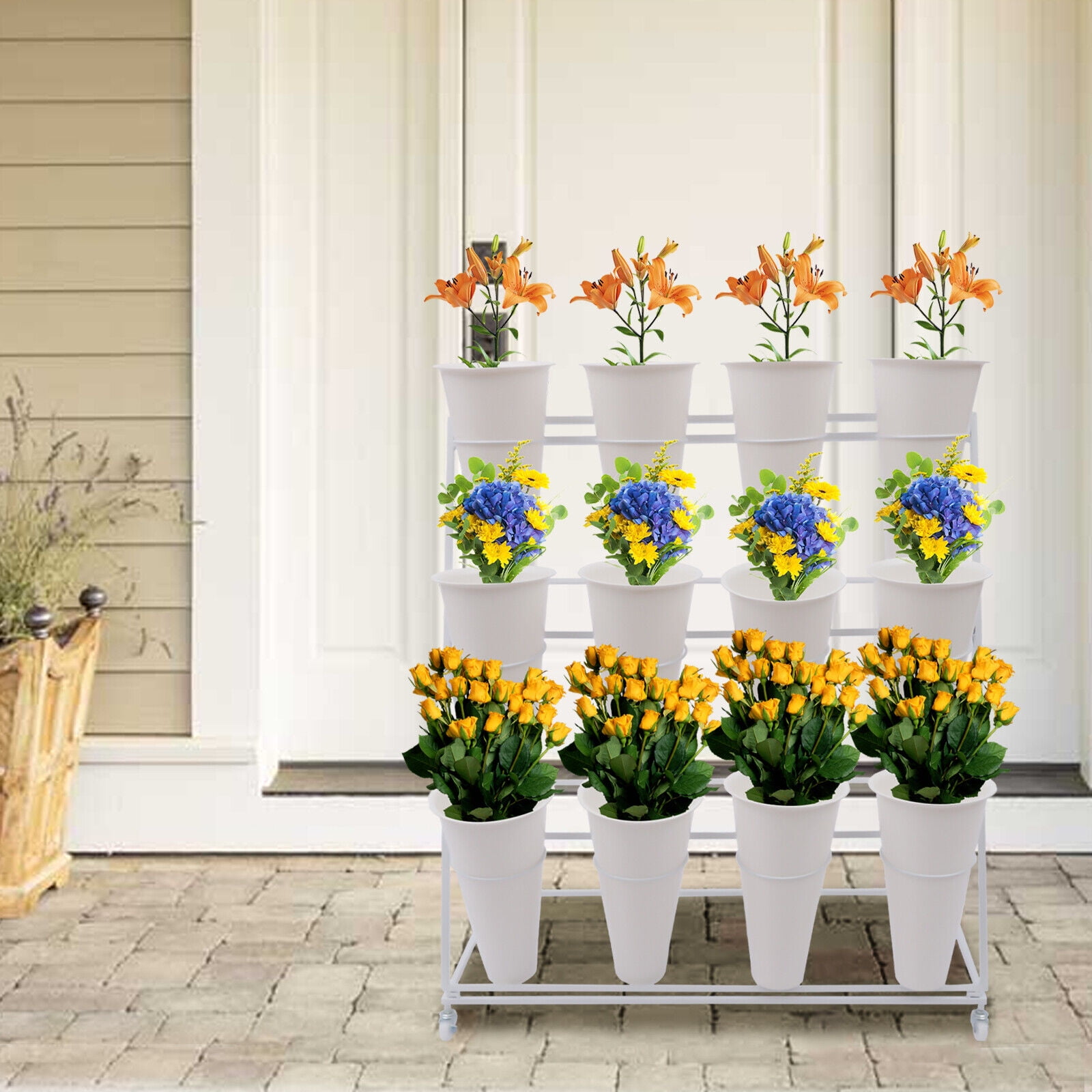 Modern 3 Layers Metal Plant Stand Flower Display Shelf w/ Buckets ...