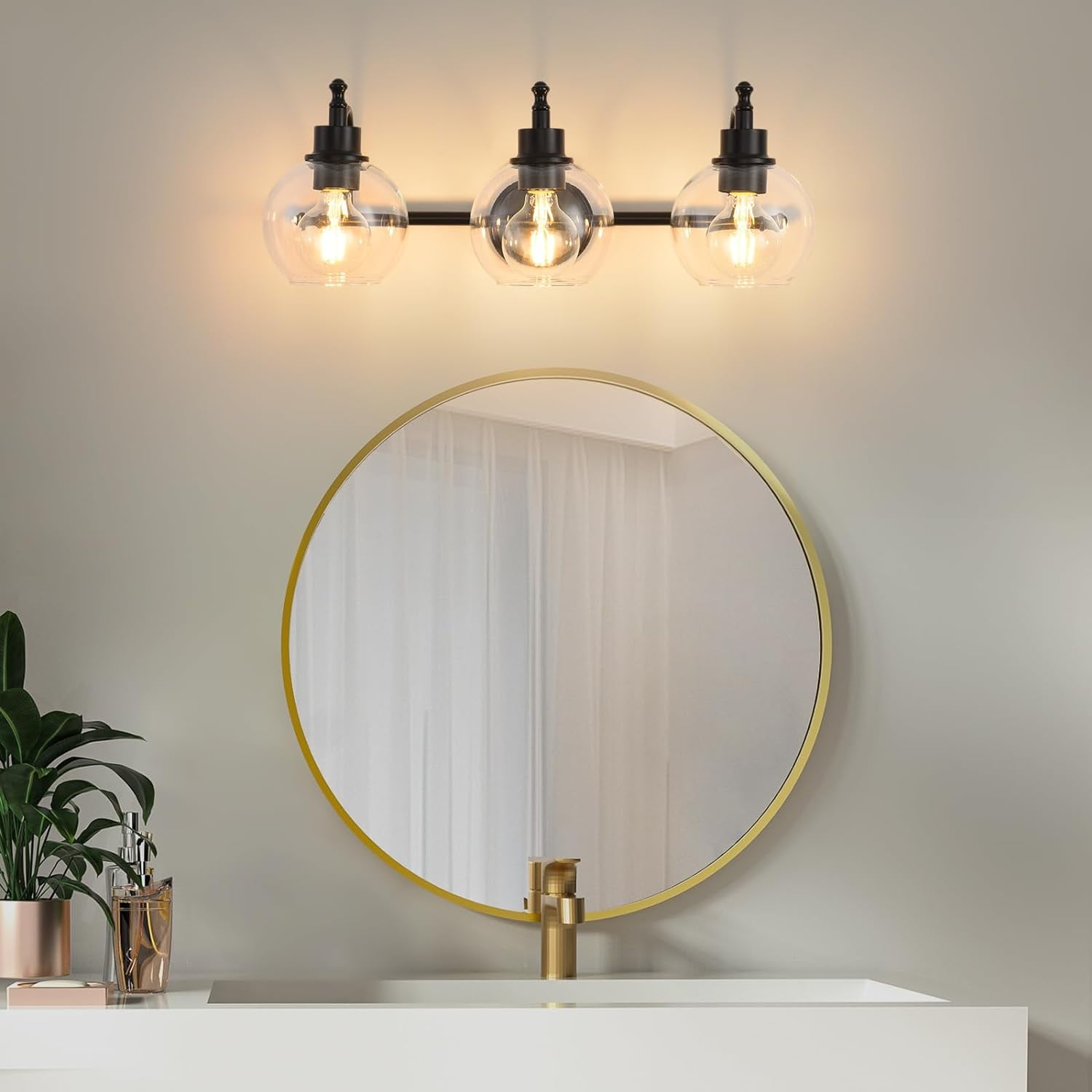 Modern 3-Light Brushed Gold Bathroom Vanity Fixture with Clear Glass ...