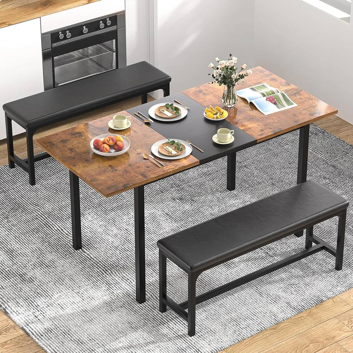 Modern 3-Piece Dining Set with Expandable Kitchen Table and 2 Backless ...