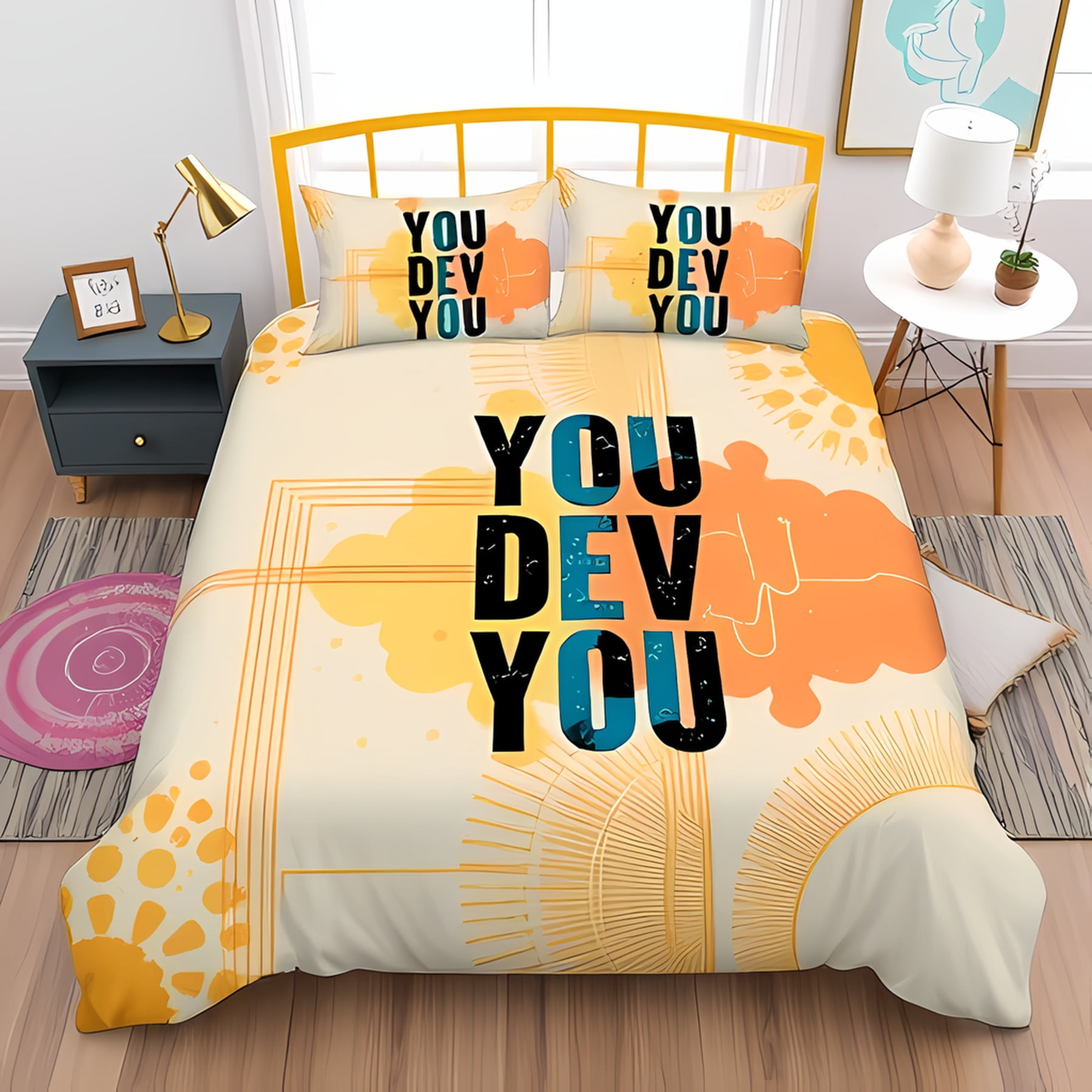 Modern 3-Piece Duvet Cover & Pillowcase Set - "YOU DEV YOU" Design with Abstract Tech Elements ...