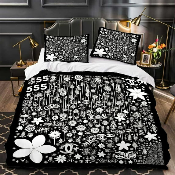 Modern 3-Piece Duvet Cover Set - Black & White Floral Pattern with ...