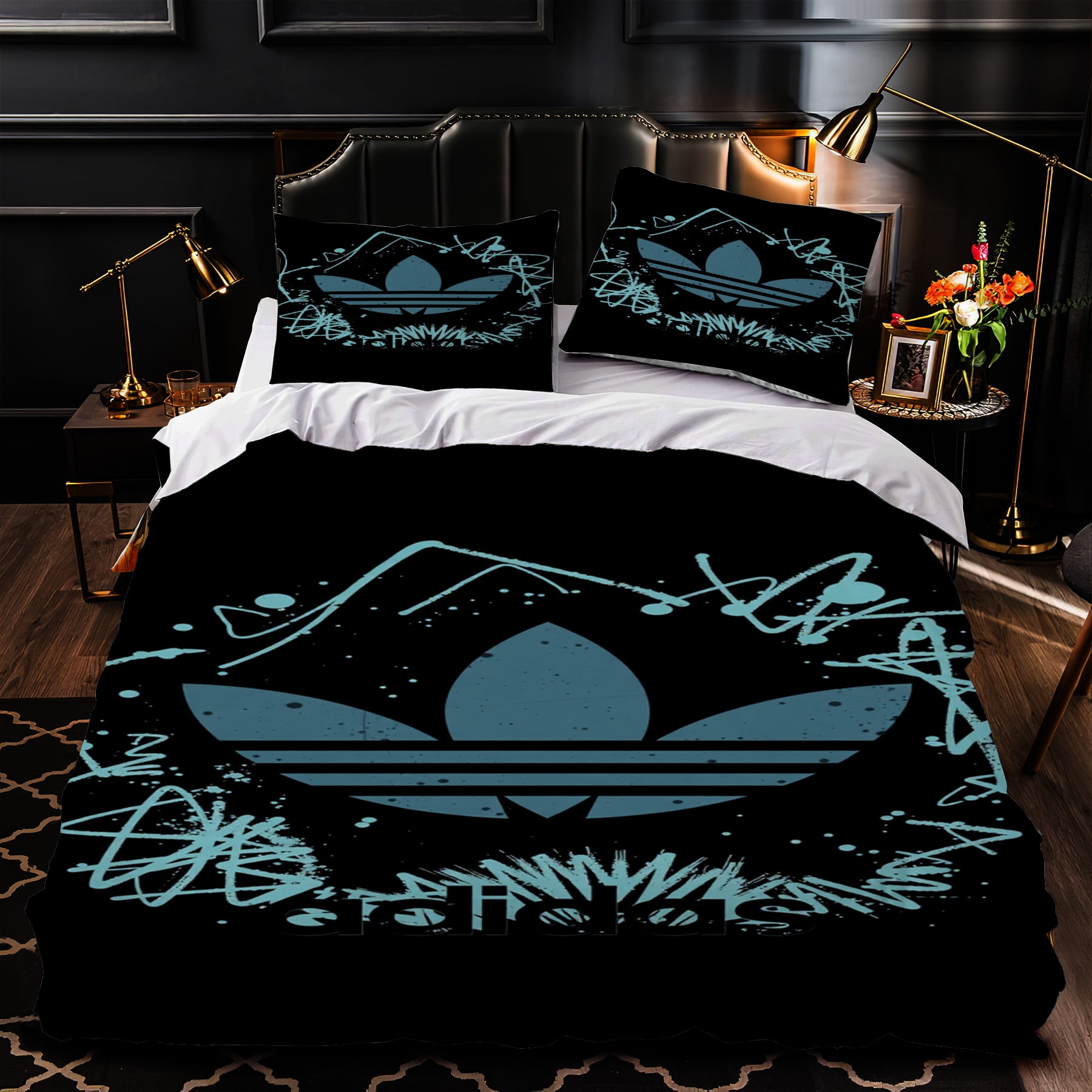 Modern 3-Piece Duvet Cover Set - Black with Blue & Graffiti Accents ...