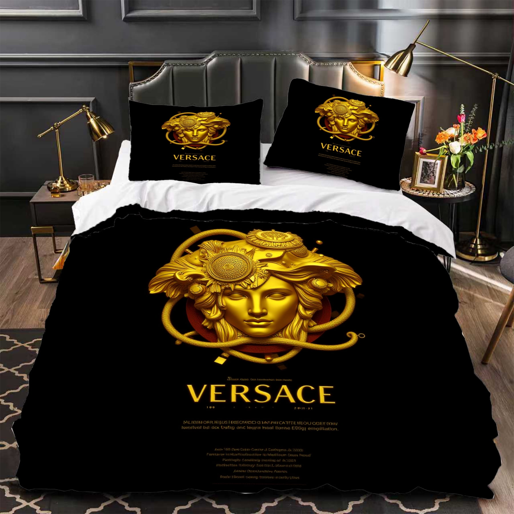 Modern 3-Piece Duvet Cover Set in Black and Gold with Elegant Emblem ...