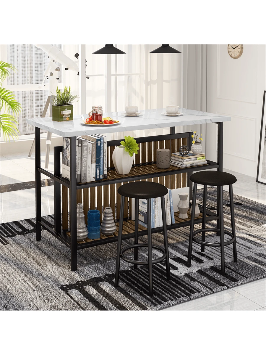 Modern 3-Piece Kitchen Island Set with Faux Marble Top and 2 Stools ...