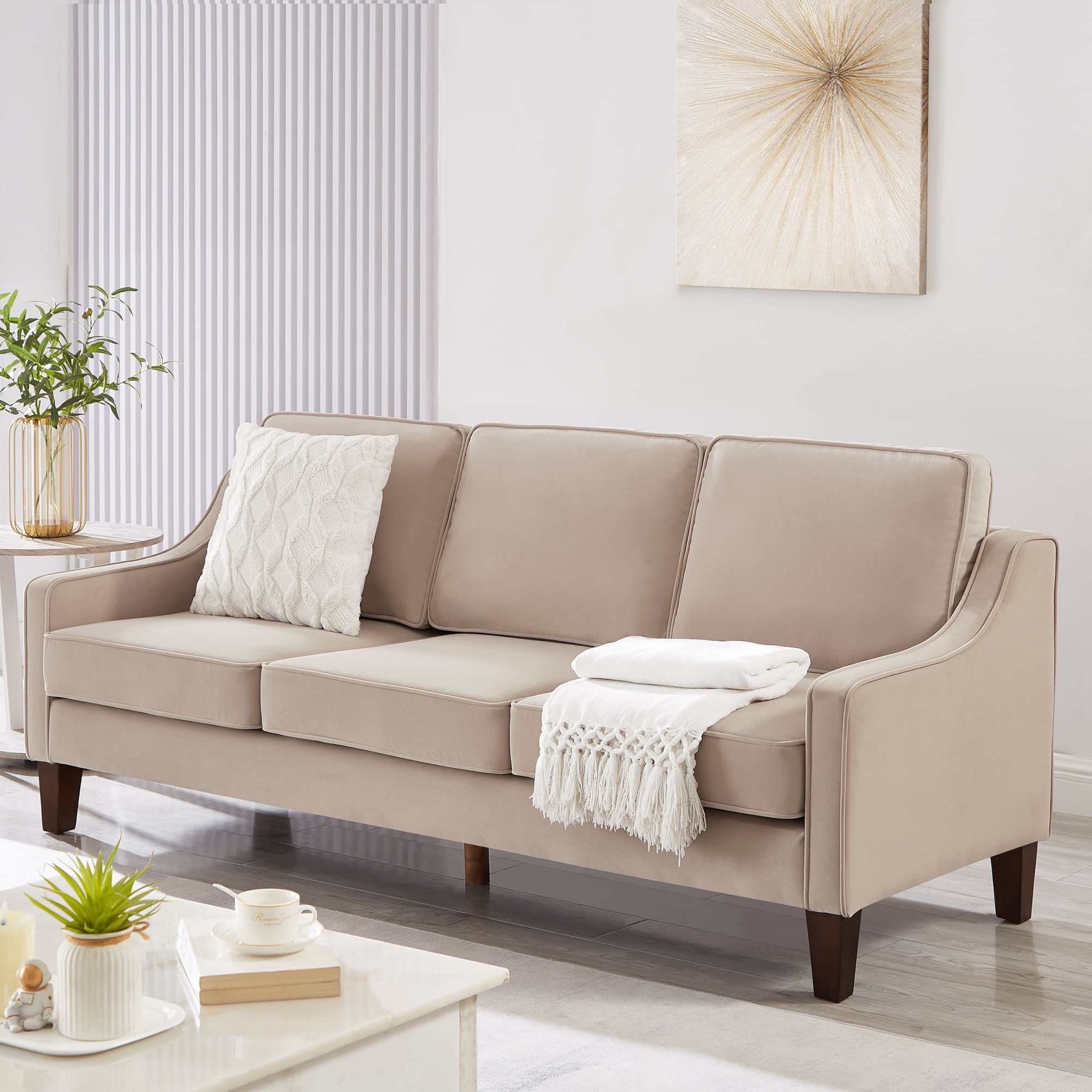 Modern 3 Piece Seat Sofa with Scooped Armrest and Wood legs,Upholstered ...
