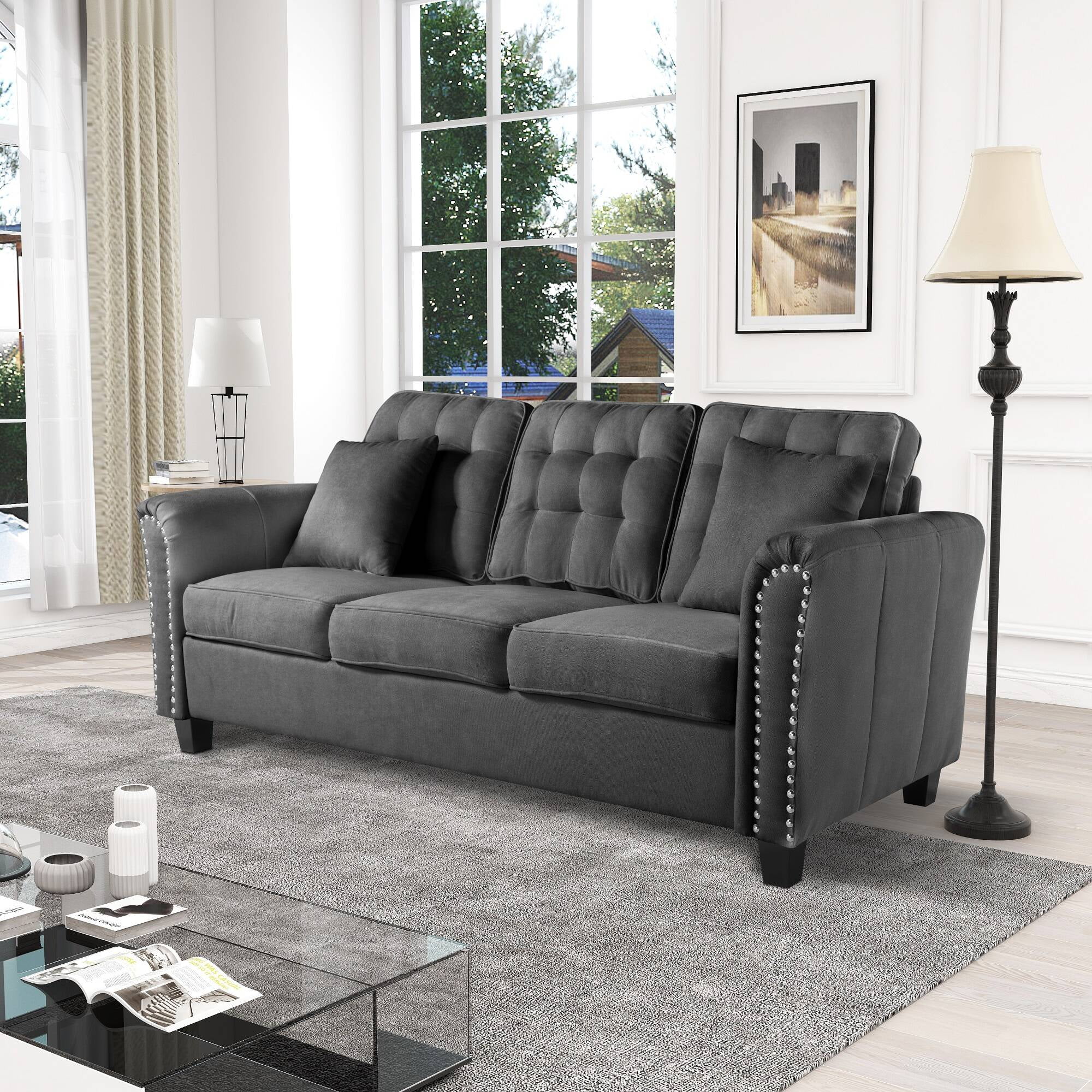 Free Shipping! Leumius Modern 3 Seat Sofa with 2 Pillows, Tufted ...