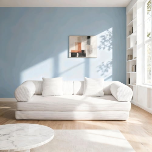 Modern 3-Seat Convertible Sofa Bed, Cream Upholstered Foldable Futon ...
