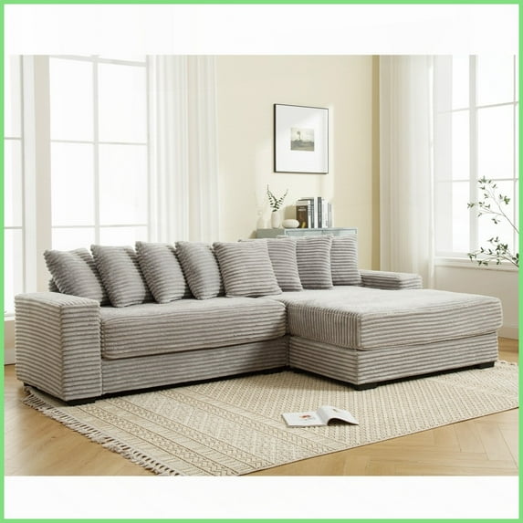 Modern 3-Seat L-Shaped Corduroy Sofa with Right Chaise & 8 Pillows for ...