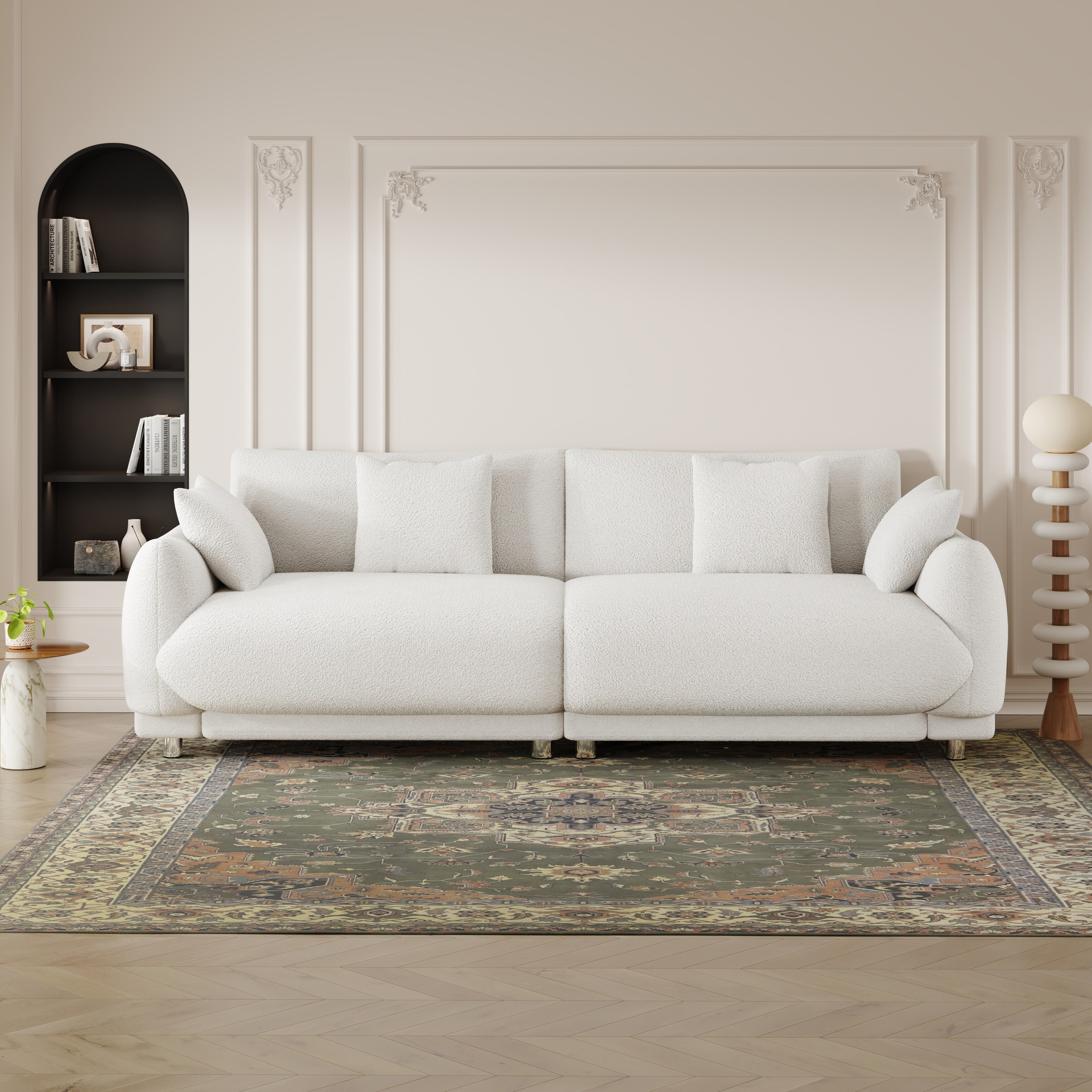 Modern 3-Seat Teddy Wool Sofa with 4 Throw Pillows and Hardware Feet ...