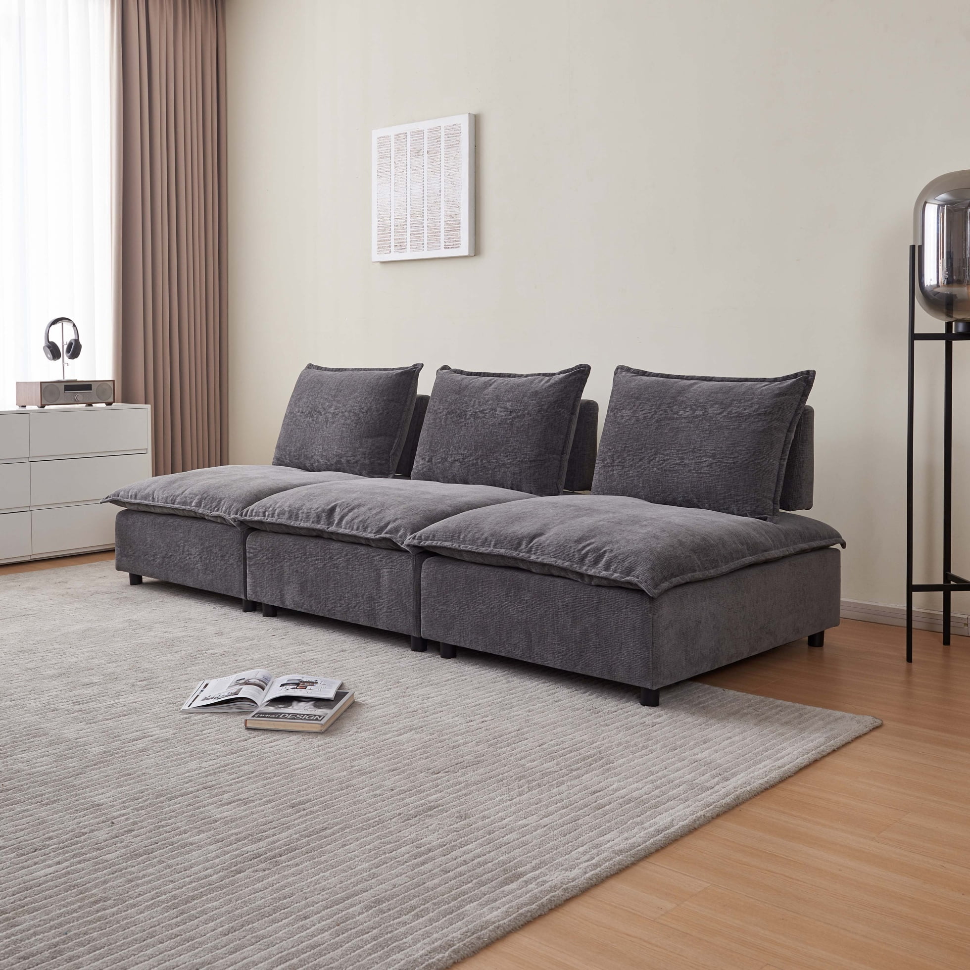 Modern 3-Seater Sofa Couch Modular Sectional Armless Sofa, Free ...
