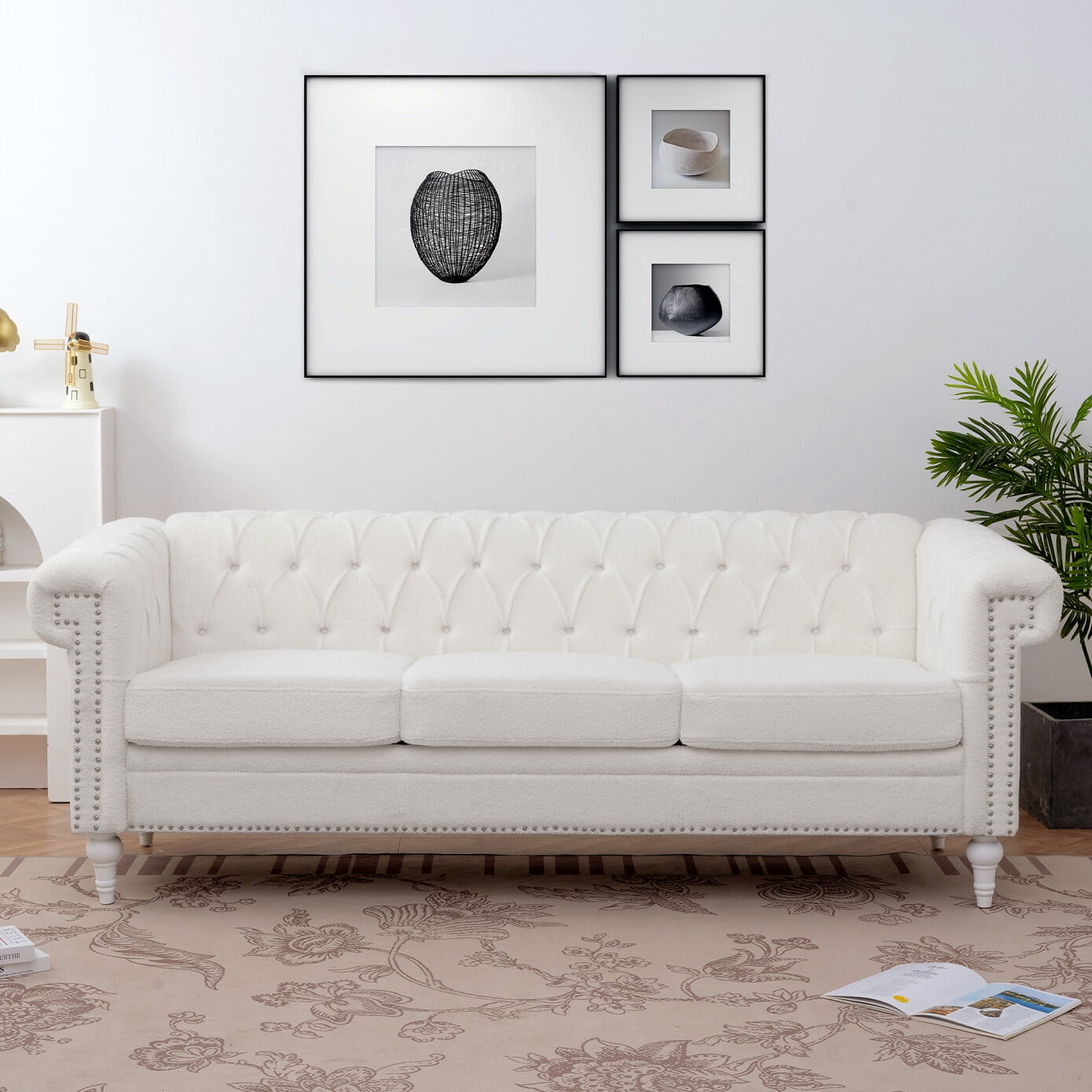Modern 3 Seater Sofa with Gourd Shaped Birch Legs, Comfy Couch with ...