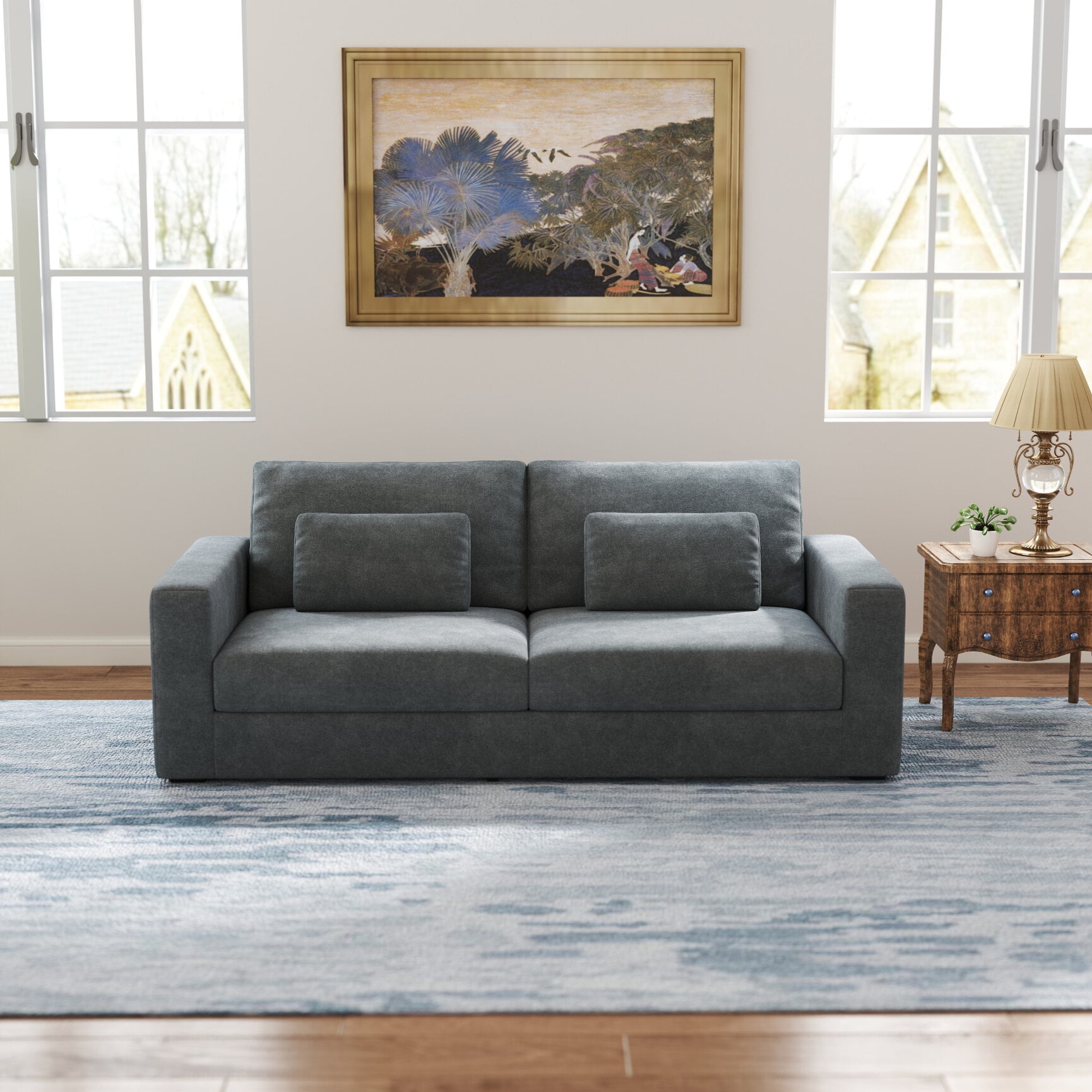 Modern 3 Seater Sofa with Deep Seating & Square Arms - Space-Saving ...
