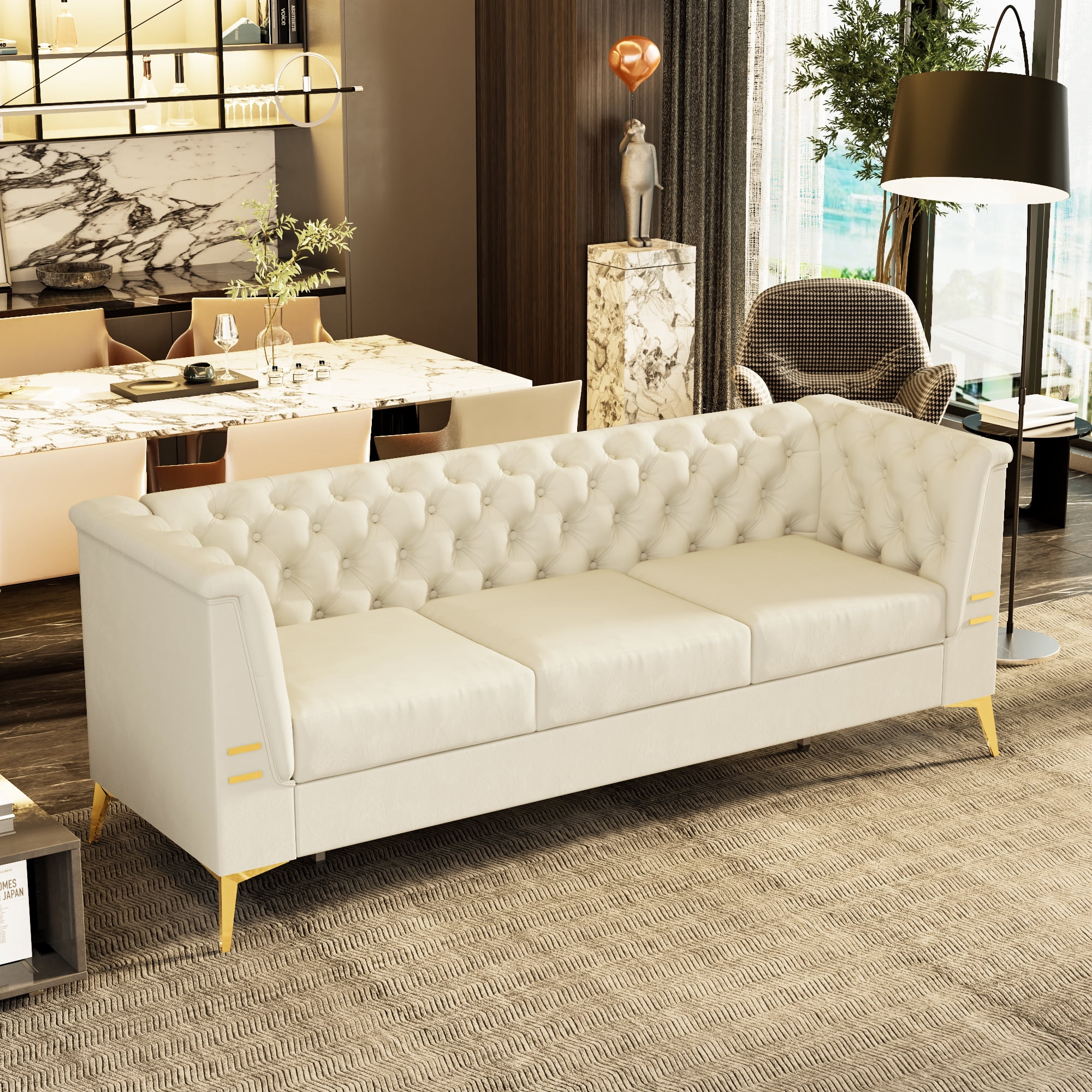 Modern 3 Seater Upholstered Velvet Sofa Button Tufted Couch with Gold Metal Legs for Living Room Bedroom Apartment Office