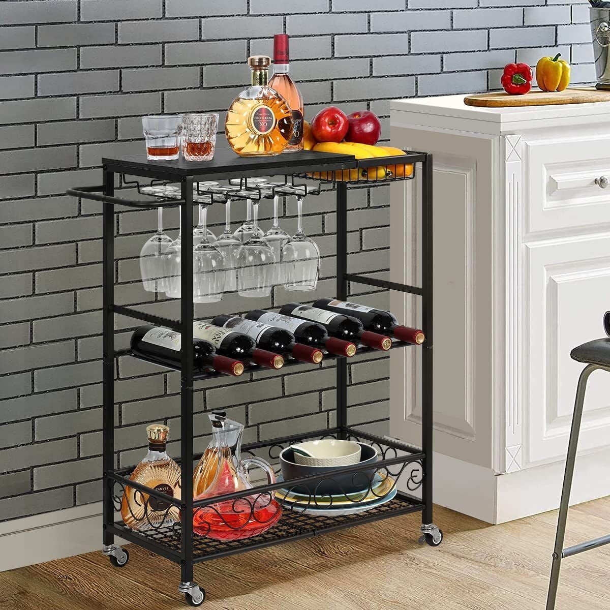 Modern 3-Tier Rolling Bar Cart, Wine Bottle and Glass Rack, Serving ...