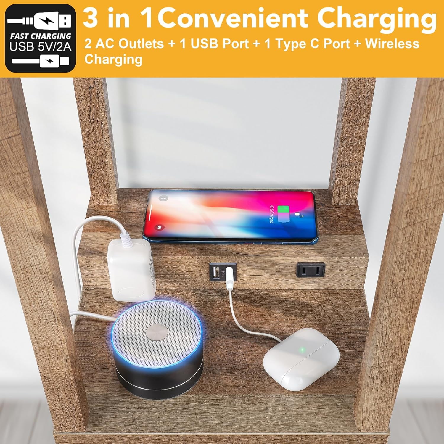 Modern 3-Tier Shelf Floor Lamp with Wireless Charger, USB & Type C ...