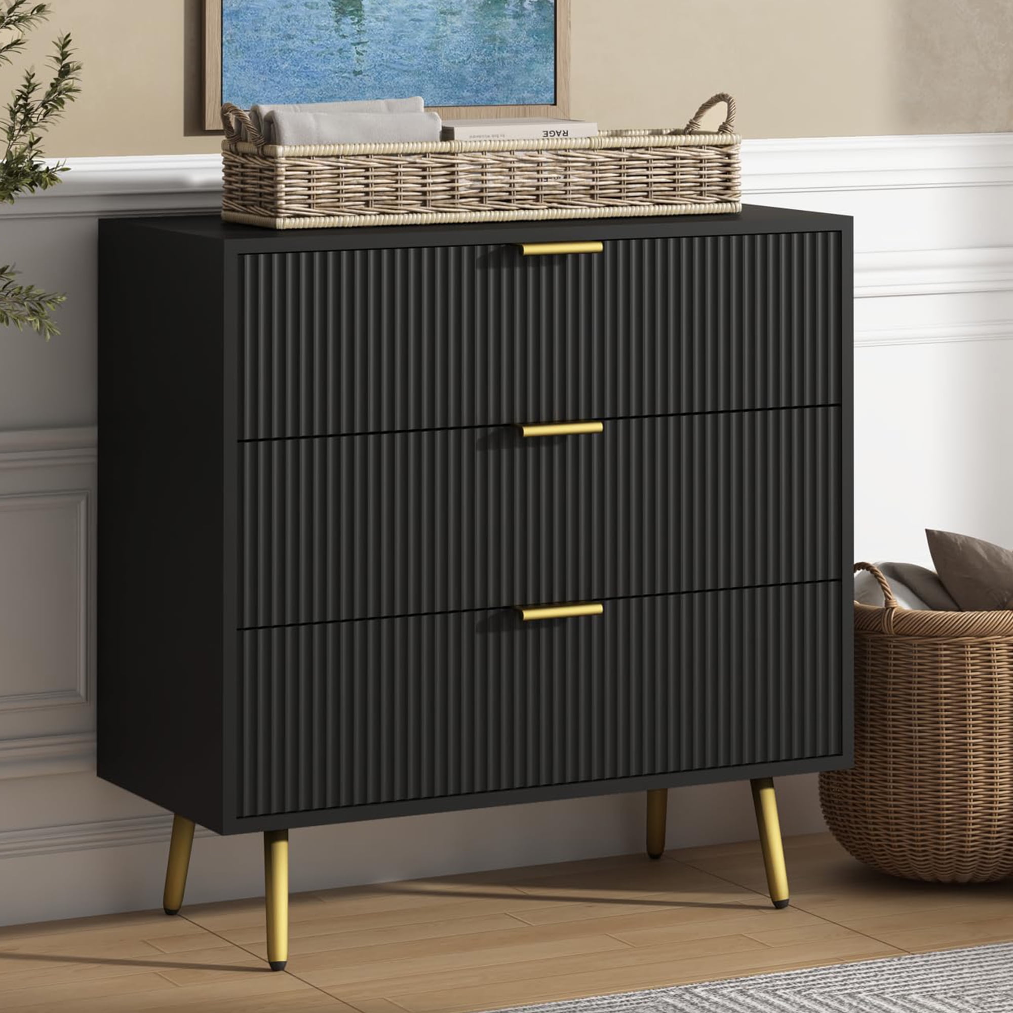 Modern Upright Furniture: 3-Drawer Large Deep Dresser, Fluted Wood ...