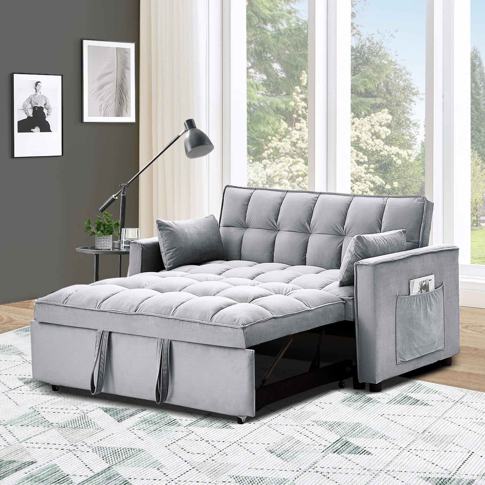 Modern 3-in-1 Velvet Loveseat Futon Couch Pull-Out Bed, Sofa Bed Couch ...