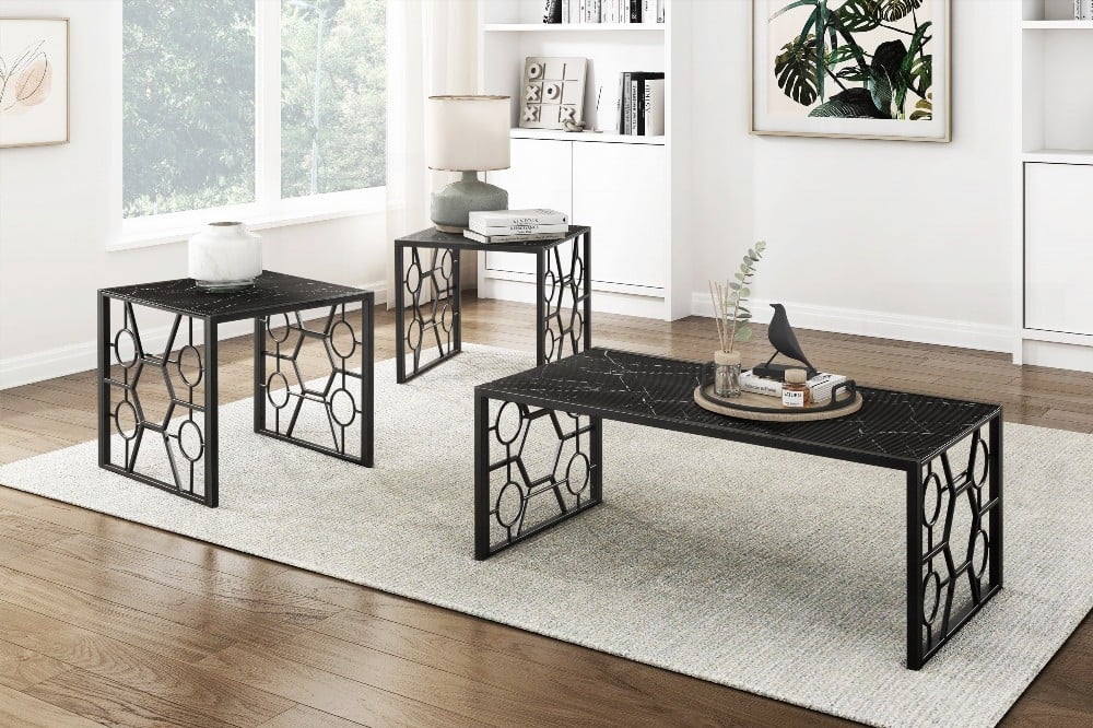 Modern 3-Piece Occasional Table Set - Black Metal & Marble-Top Design ...
