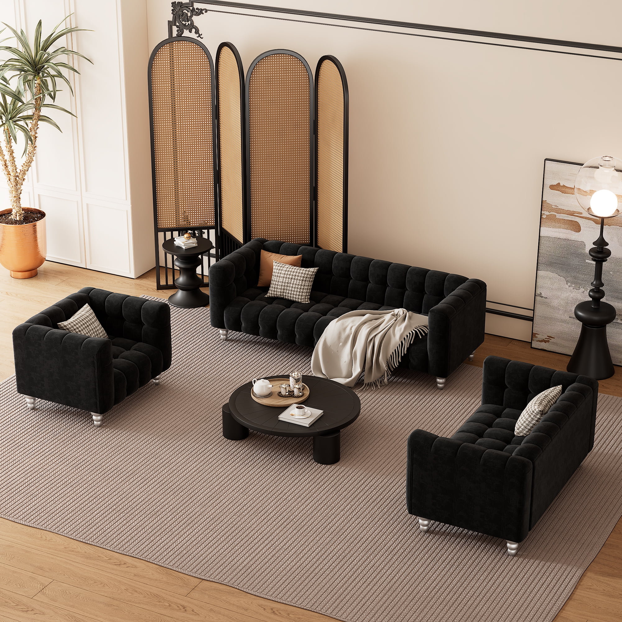Modern 3-piece sofa set with solid wood legs, buttoned tufted backrest ...