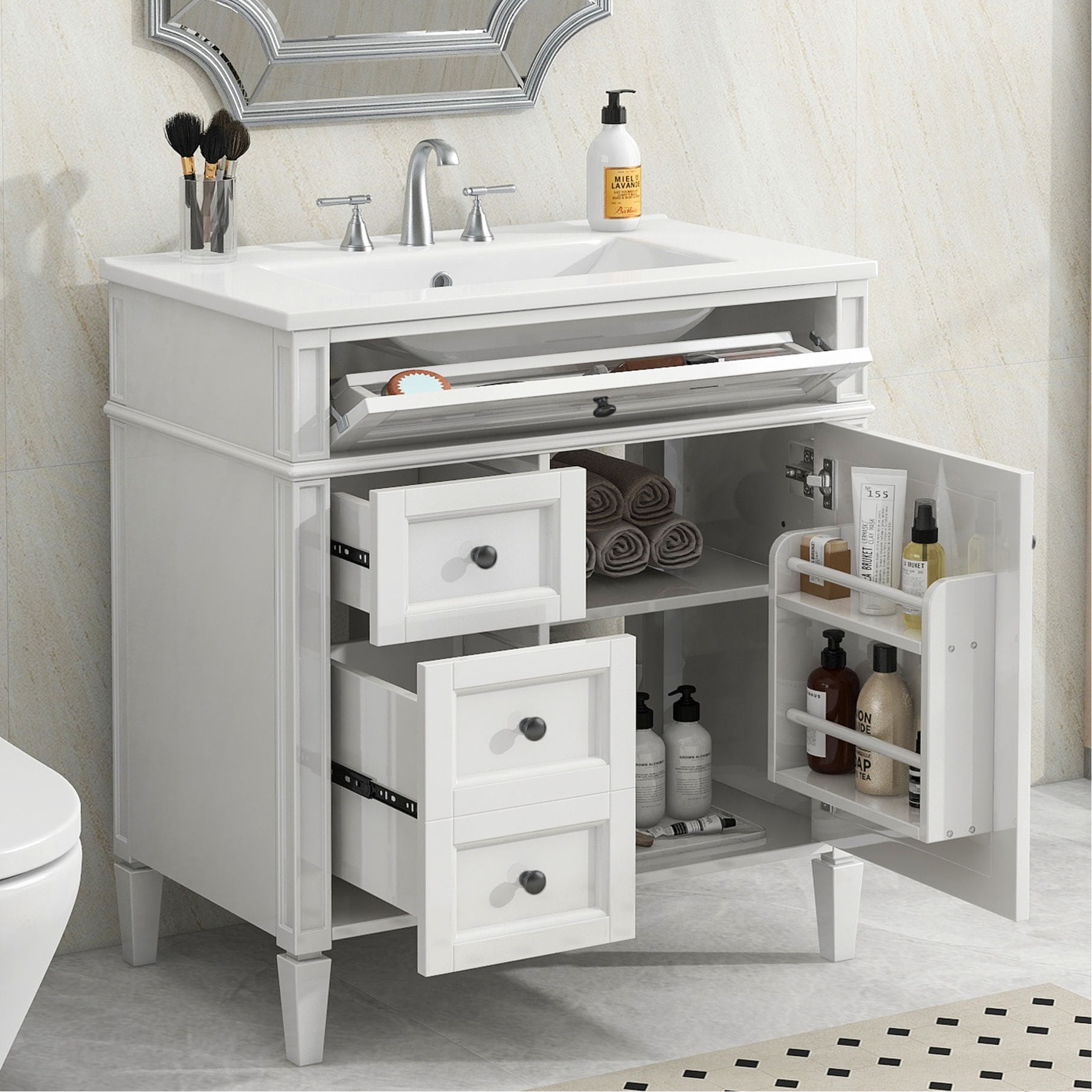 Modern 30'' Solid Wood+MDF Vanity - Smooth Metal Slides in Drawers ...