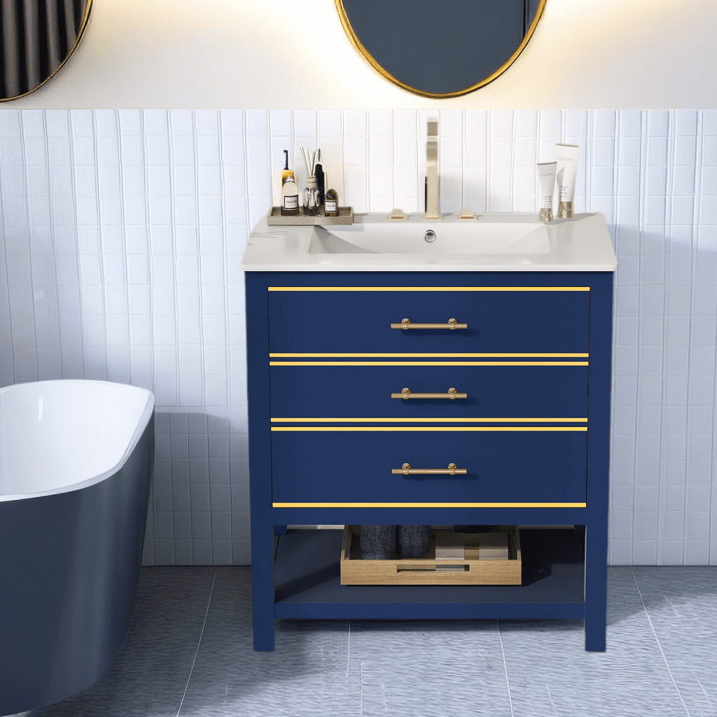 Modern 30inch Navy Blue/White Bathroom Vanity Cabinet Combo with Open ...