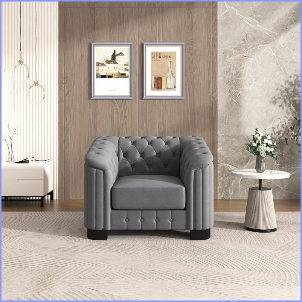 Modern 33.8" Velvet Single Sofa, Gray – Curved Arms, Solid Wood Legs ...