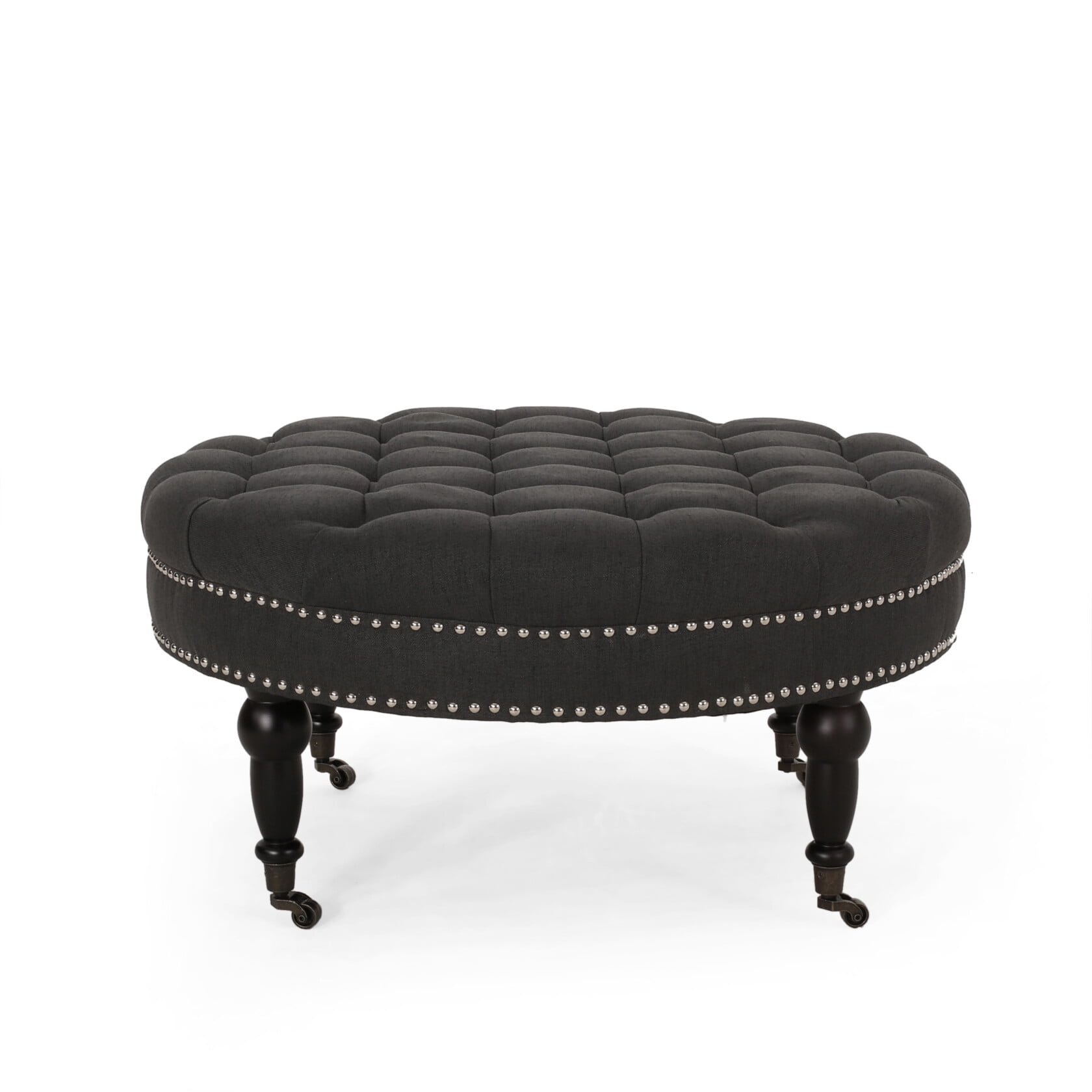 Modern 35 Inch Round Ottoman with Caster Rolling Wheels, Tufted Button ...