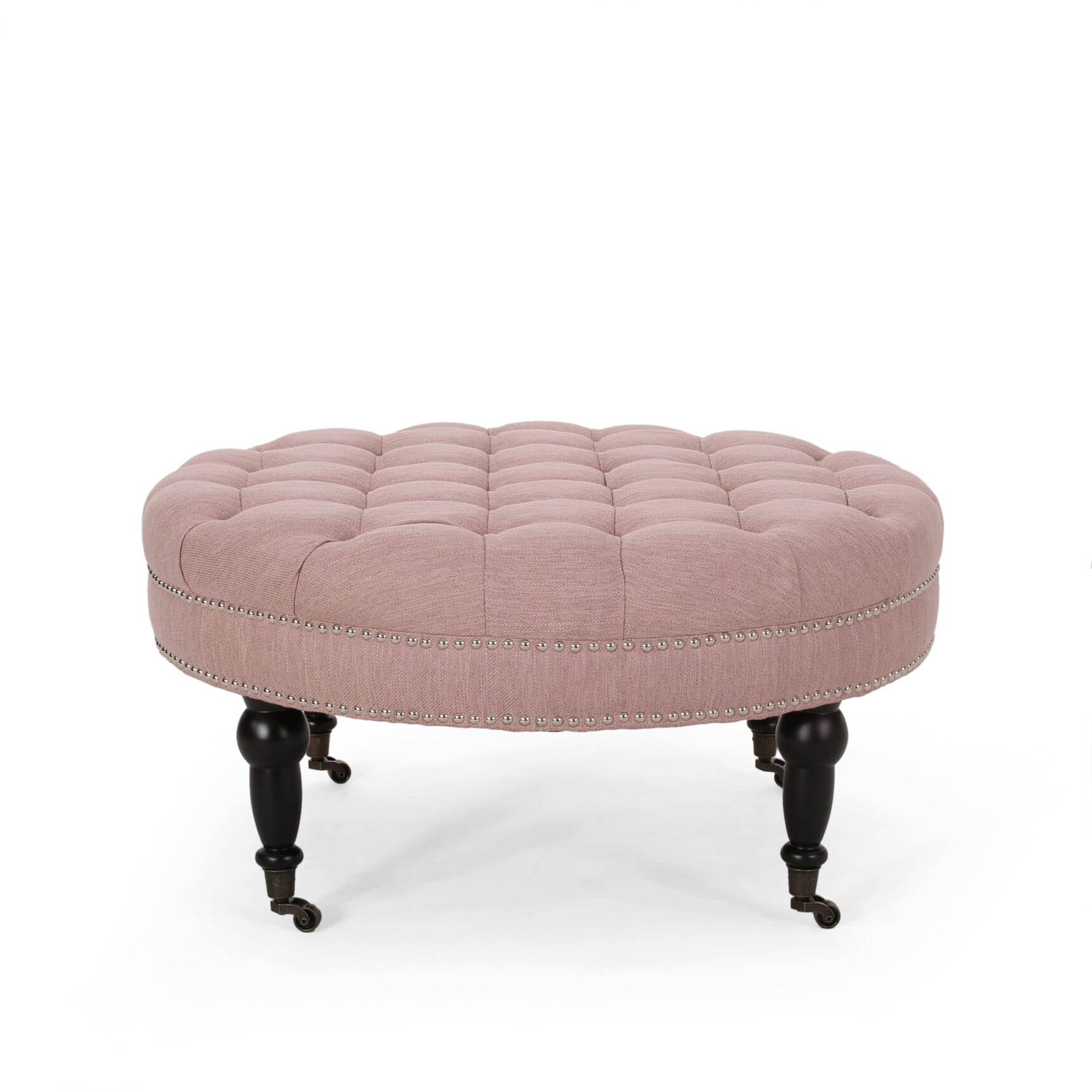 Modern 35 Inch Round Ottoman with Caster Rolling Wheels, Tufted Button ...