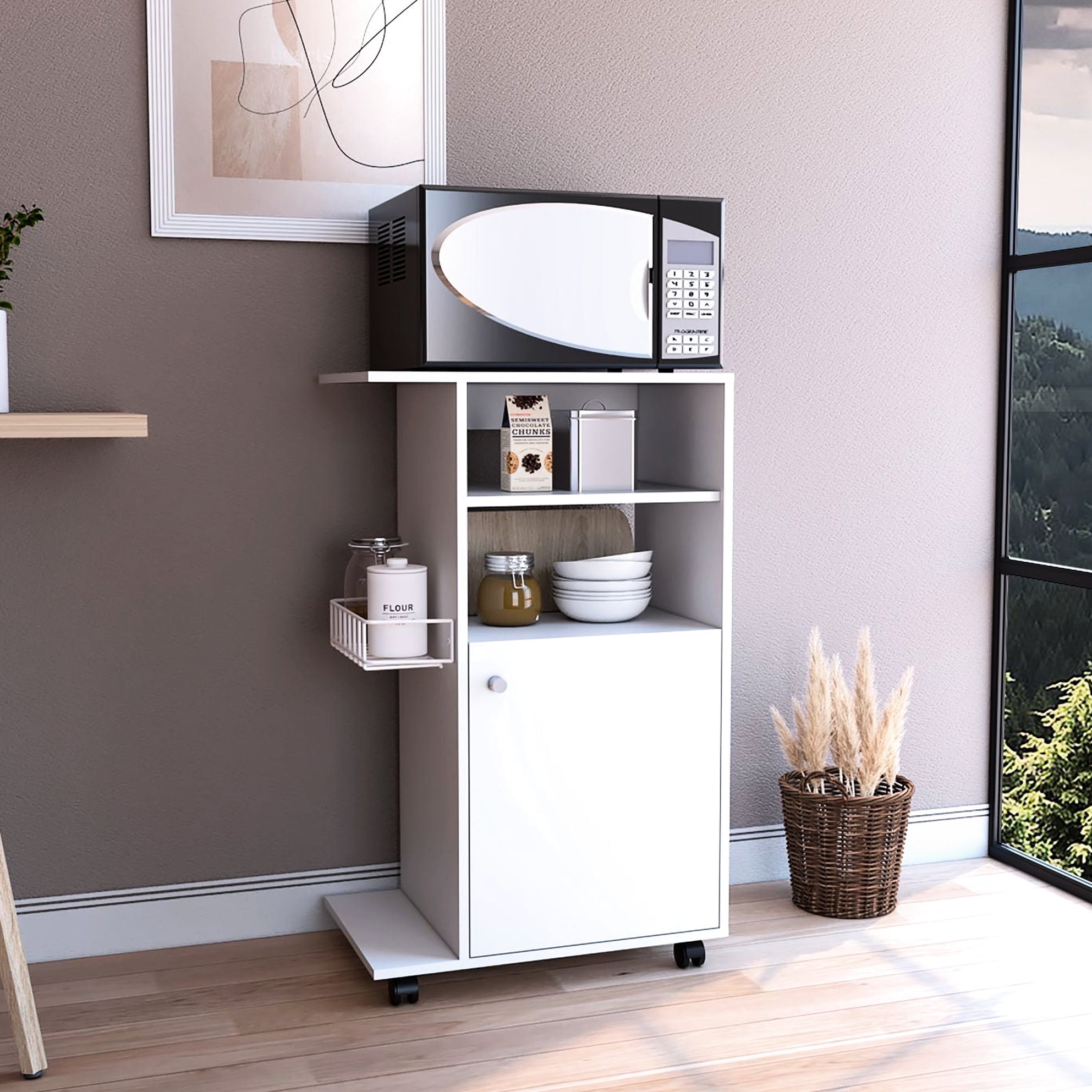 Modern 39" H Kitchen Cart, Four Wheels, Single Door Cabinet With Shelf ...