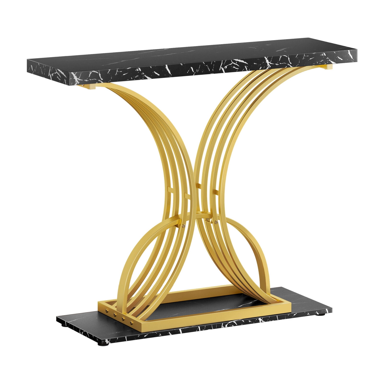 Modern 39 Inch Black Faux Marble Top Side Console Table Entryway Narrow ...