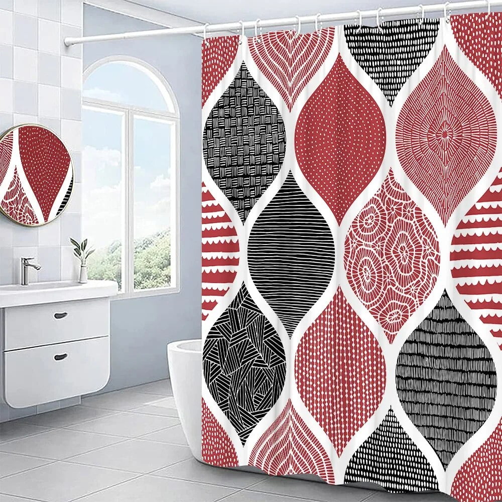 Modern 3D Geometry Shower Curtains Set Red Orange Grey Yellow Lattice Fabric Bathroom ...