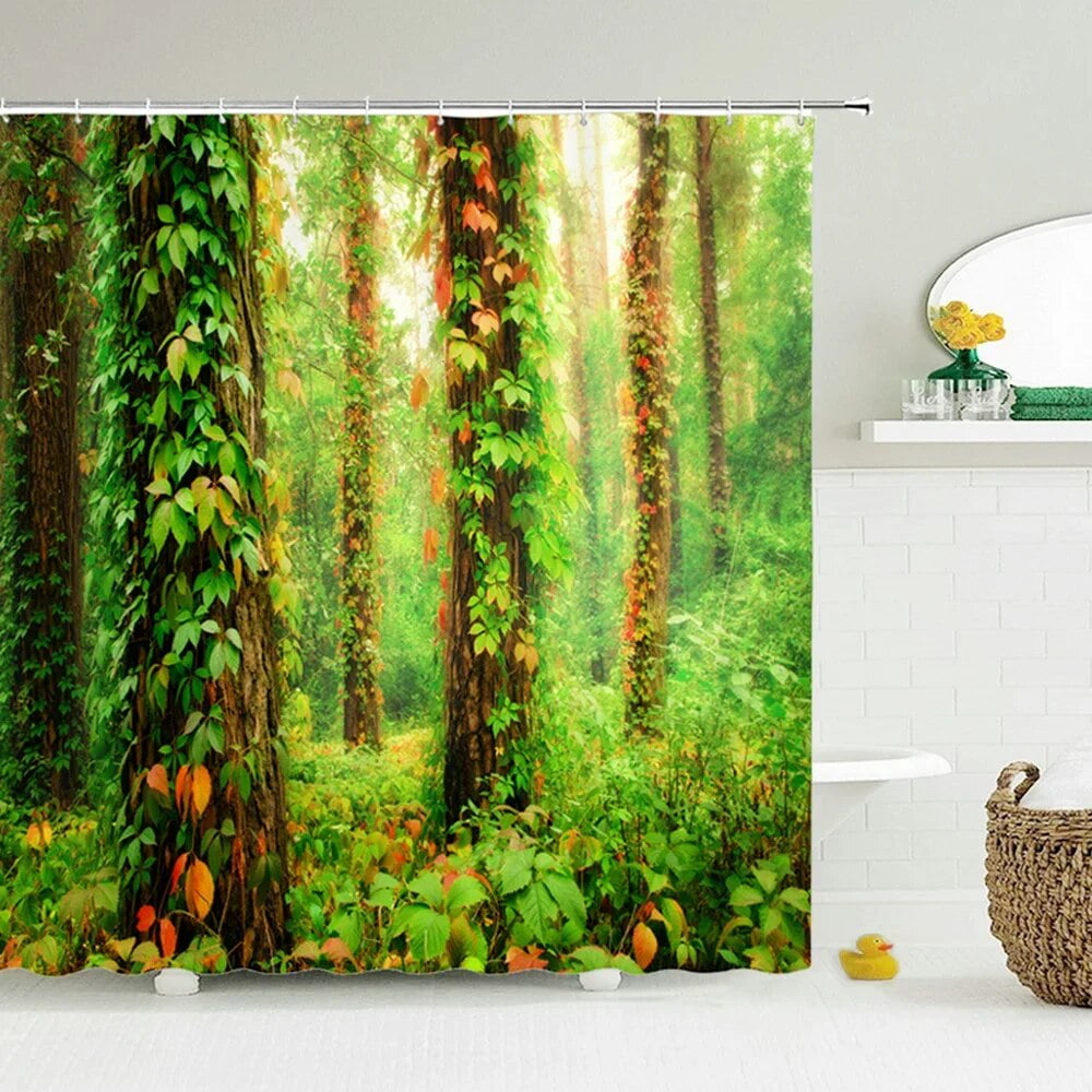 Modern 3d Printing Forest Shower Curtain Green Plant Tree Landscape