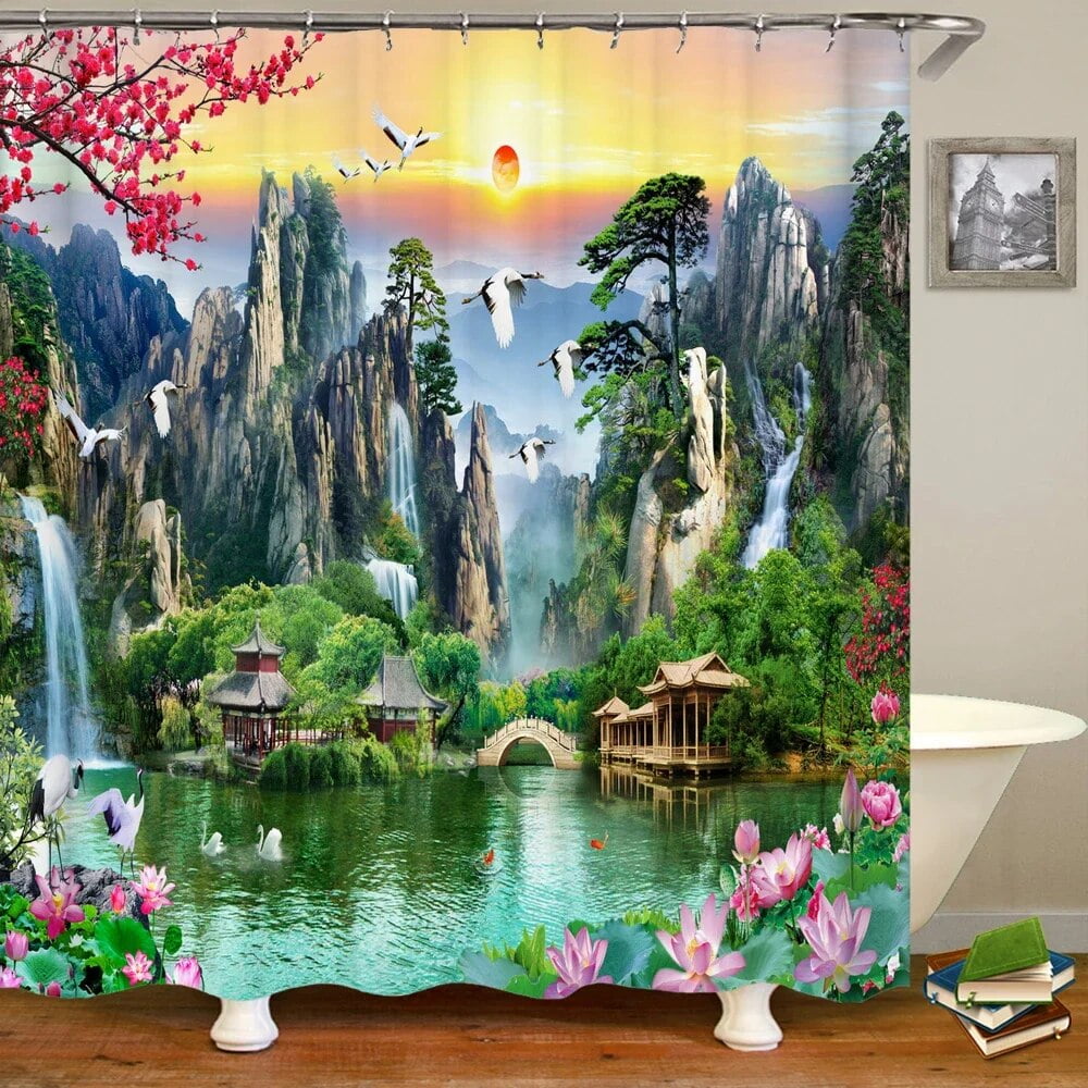 Modern 3d Printing Forest Shower Curtain Green Plant Tree Landscape