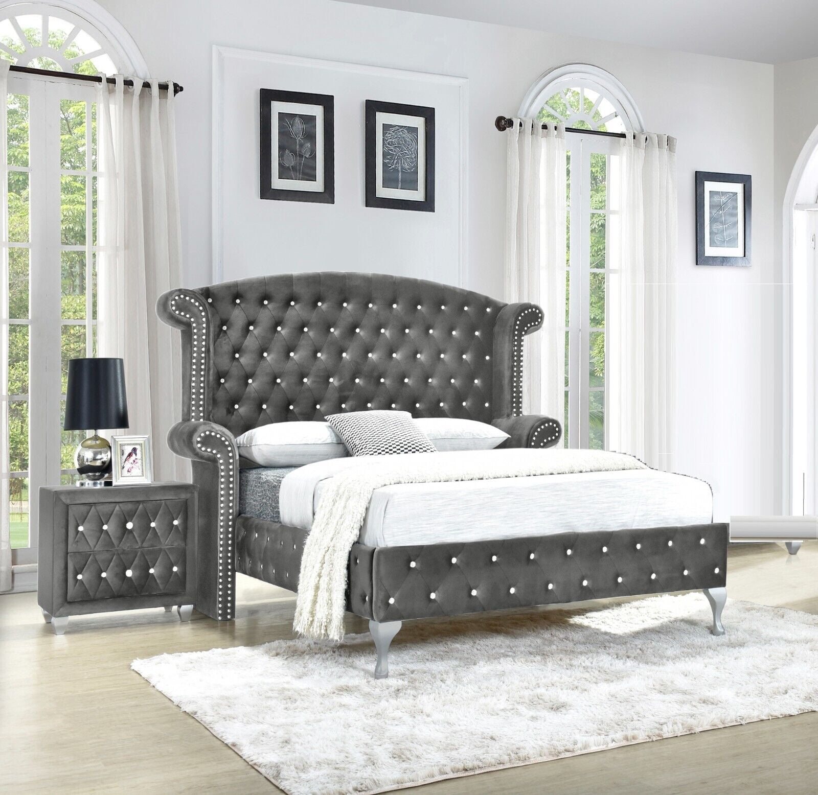 Modern 3Pc King Size Bed Nightstand Set Master Bedroom Furniture Gray ...