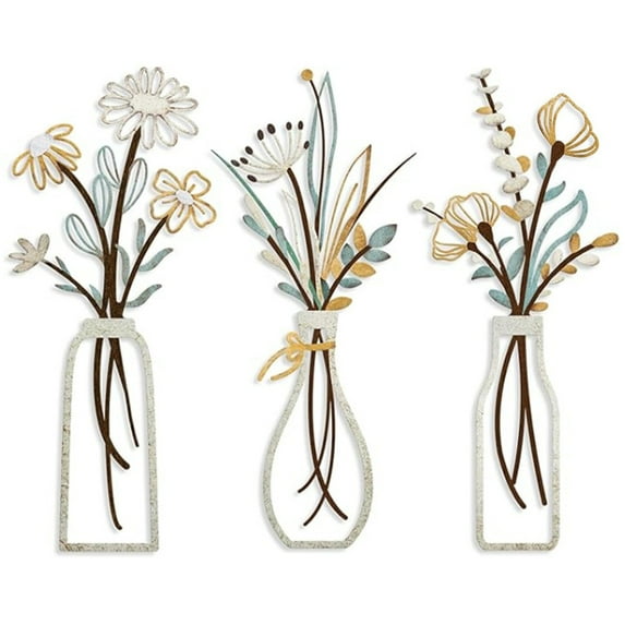 Modern 3Piece Floral Line Metal Wall Art Flower Vases Sculptures ...