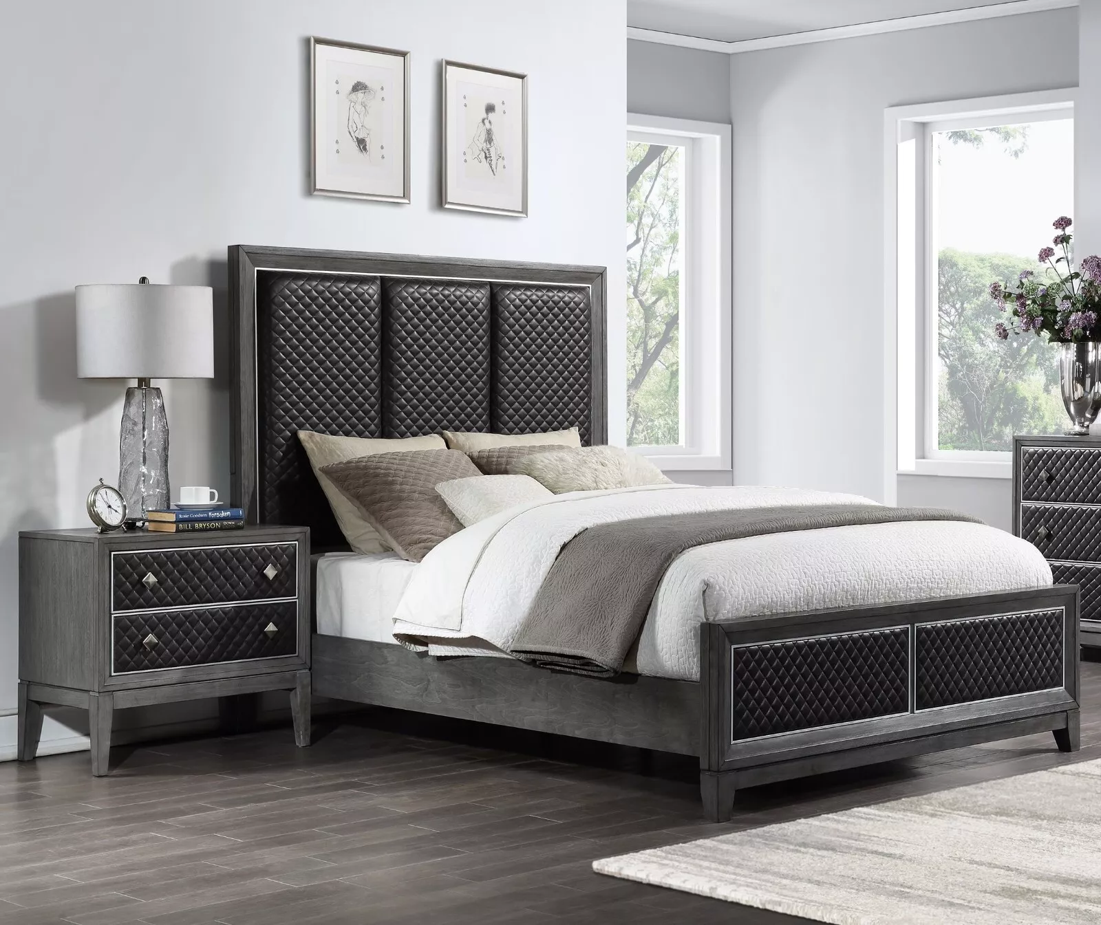 Modern 3pc Bedroom King Bed and Nightstands Set Faux Leather ...