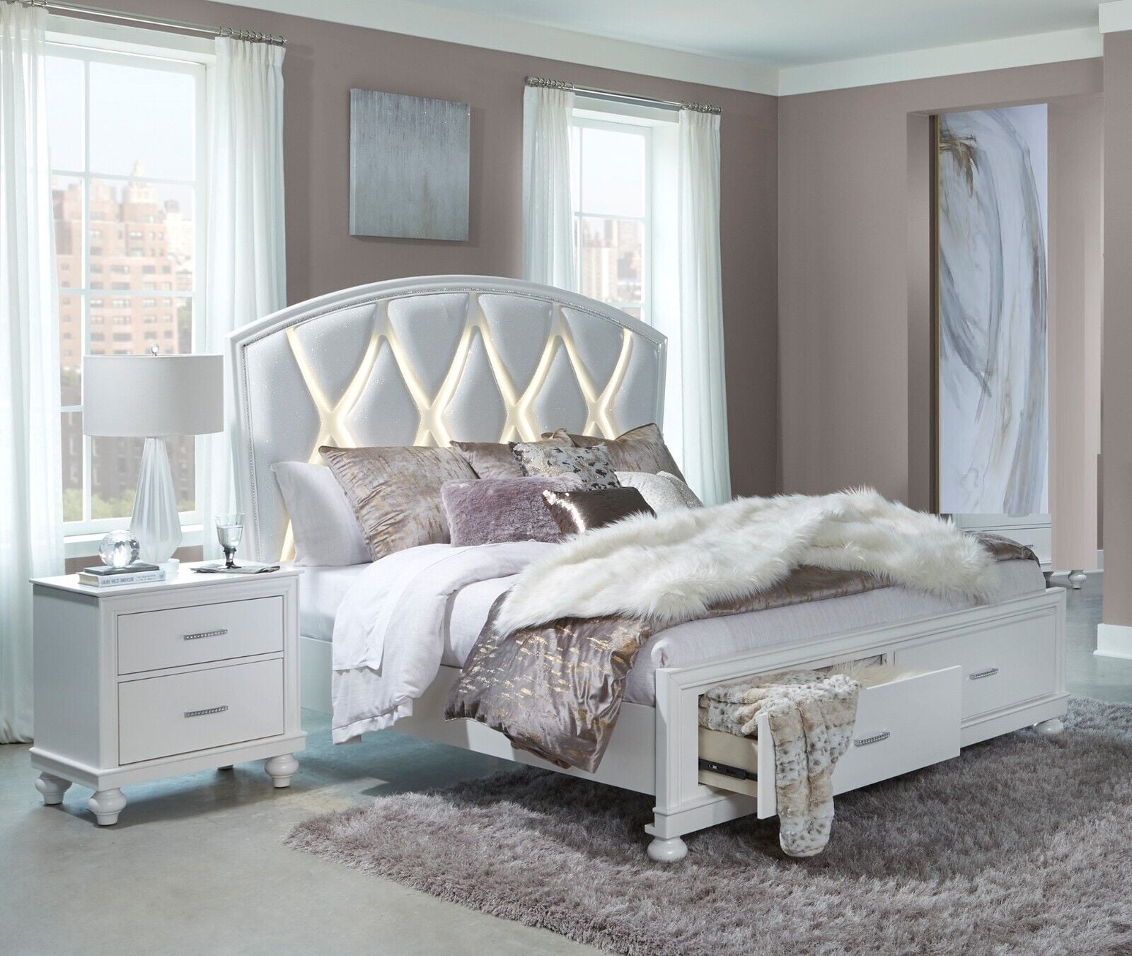 Modern 3pc Bedroom Set LED Light Queen Platform Bed Footboard Drawers ...