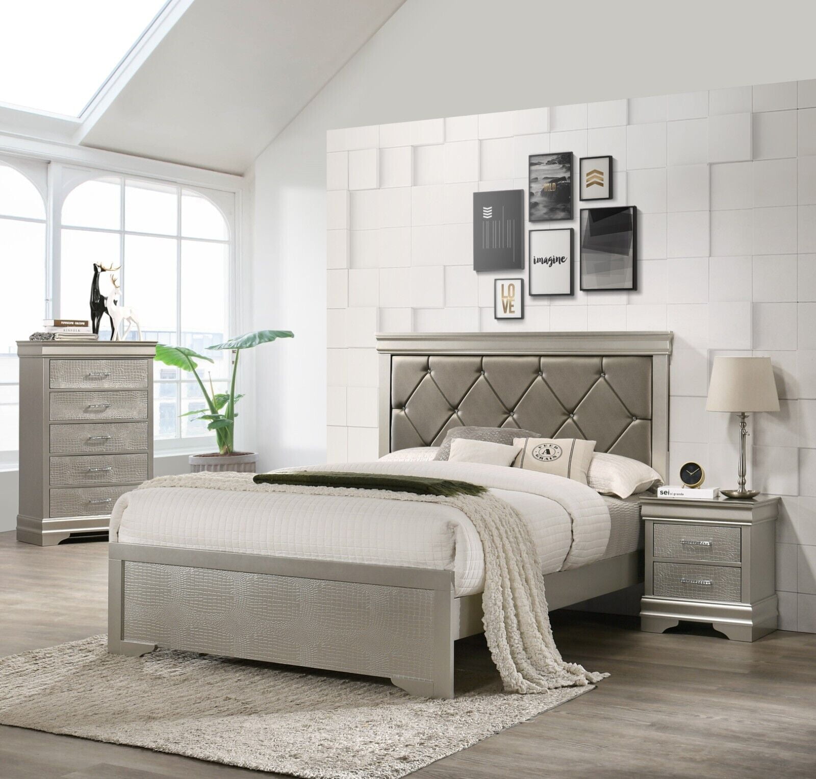 Modern 3pc Full Size Panel Bed Chest Nightstand Set Solid Wood ...