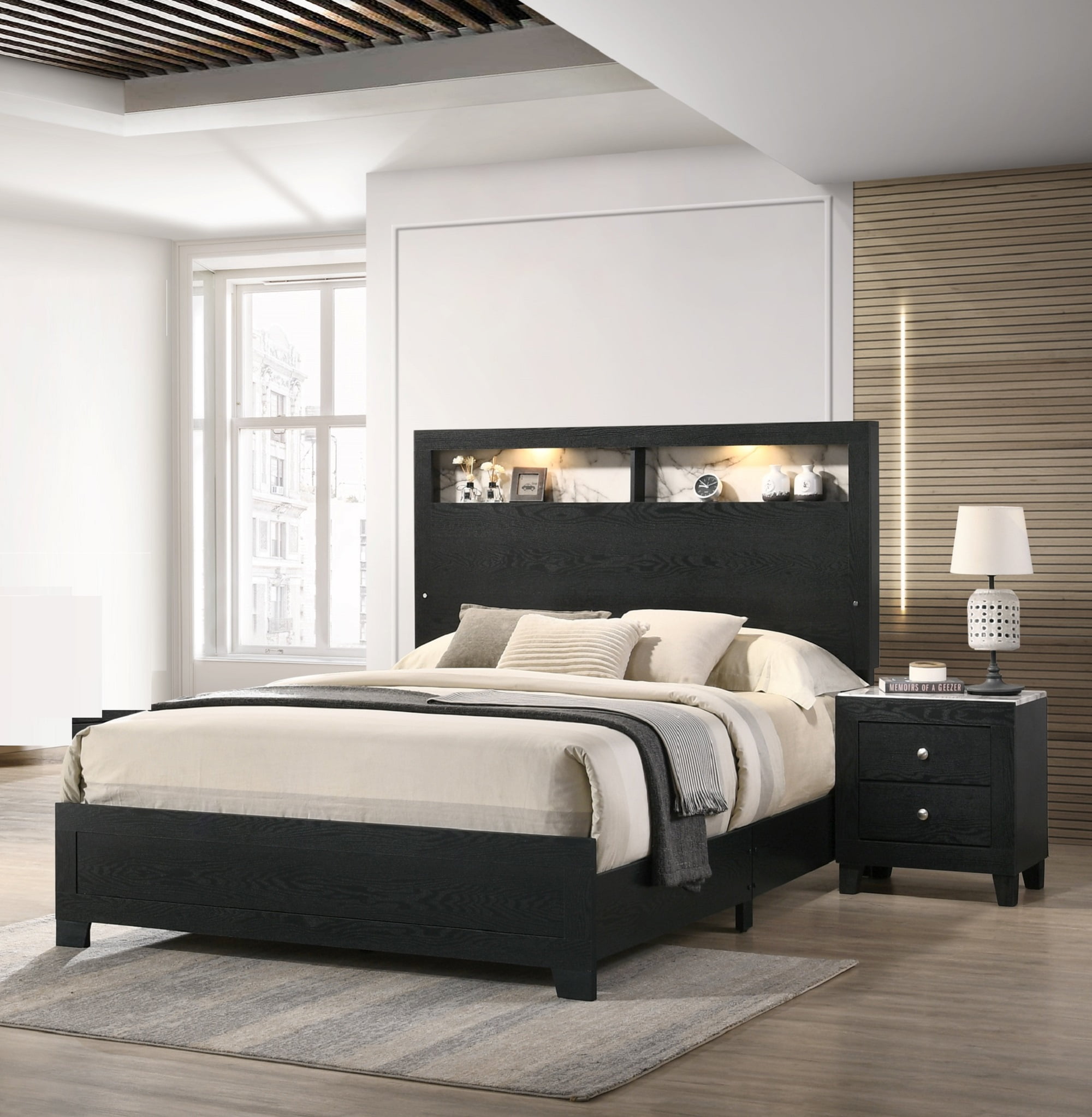 Modern 3pc Queen Size LED Light Headboard Bed with Storage, Nightstands ...