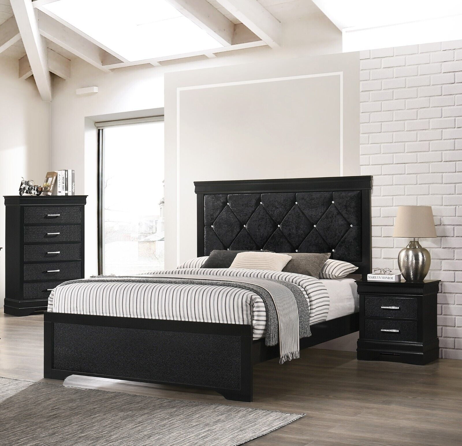 Modern 3pc Queen Size Panel Bed Chest Nightstand Set Solid Wood Black ...
