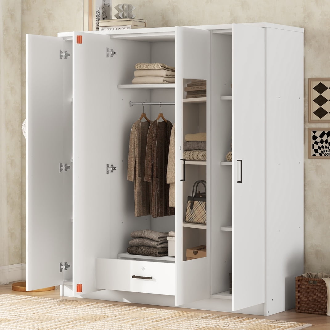Modern 4-Door Mirror Wardrobe with Drawers, Shelves & Hanging Rail ...
